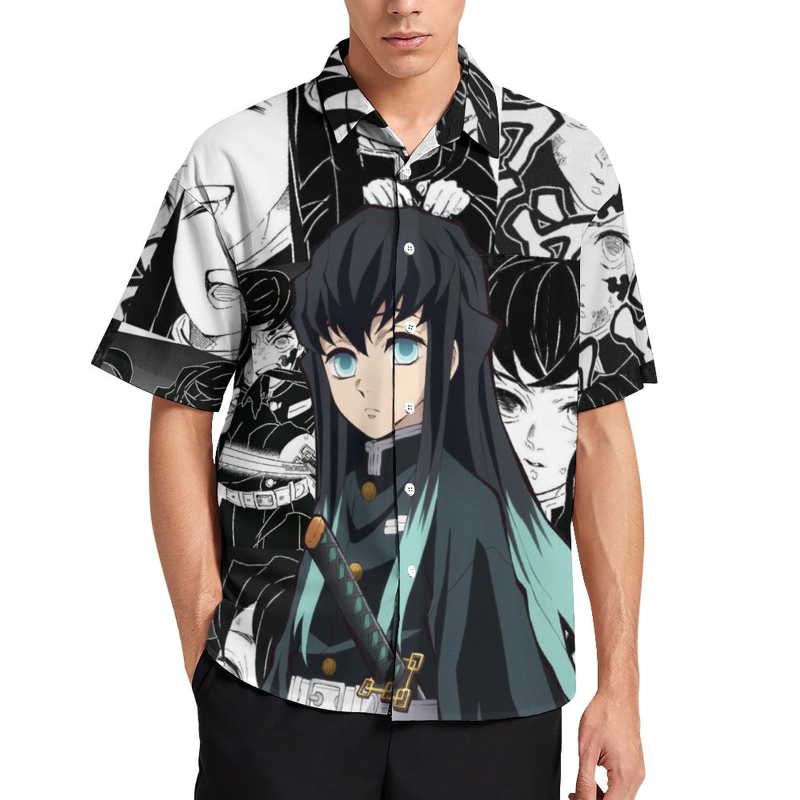 Demon Slayer Muichiro Tokito Men's Hawaiian Shirt Short Sleeve Button ...