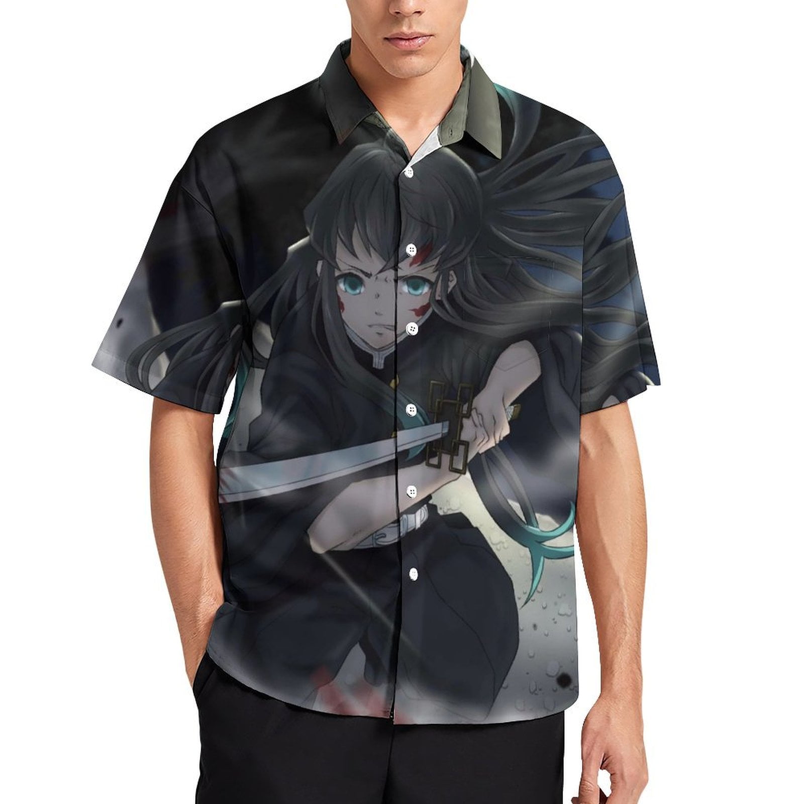 Demon Slayer Muichiro Tokito Men's Hawaiian Shirt Short Sleeve Button ...