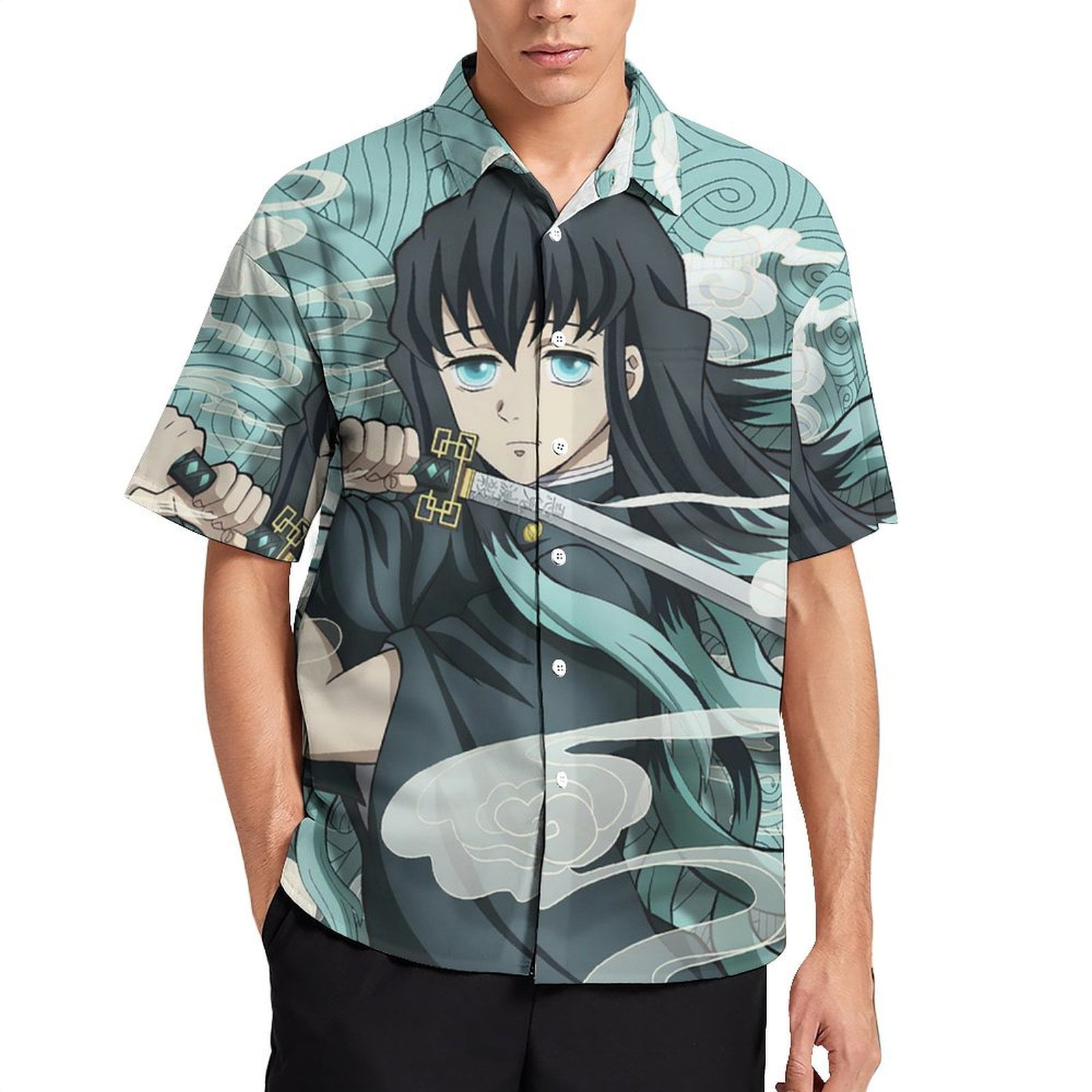 Demon Slayer Muichiro Tokito Men's Hawaiian Shirts Short Sleeve Button ...
