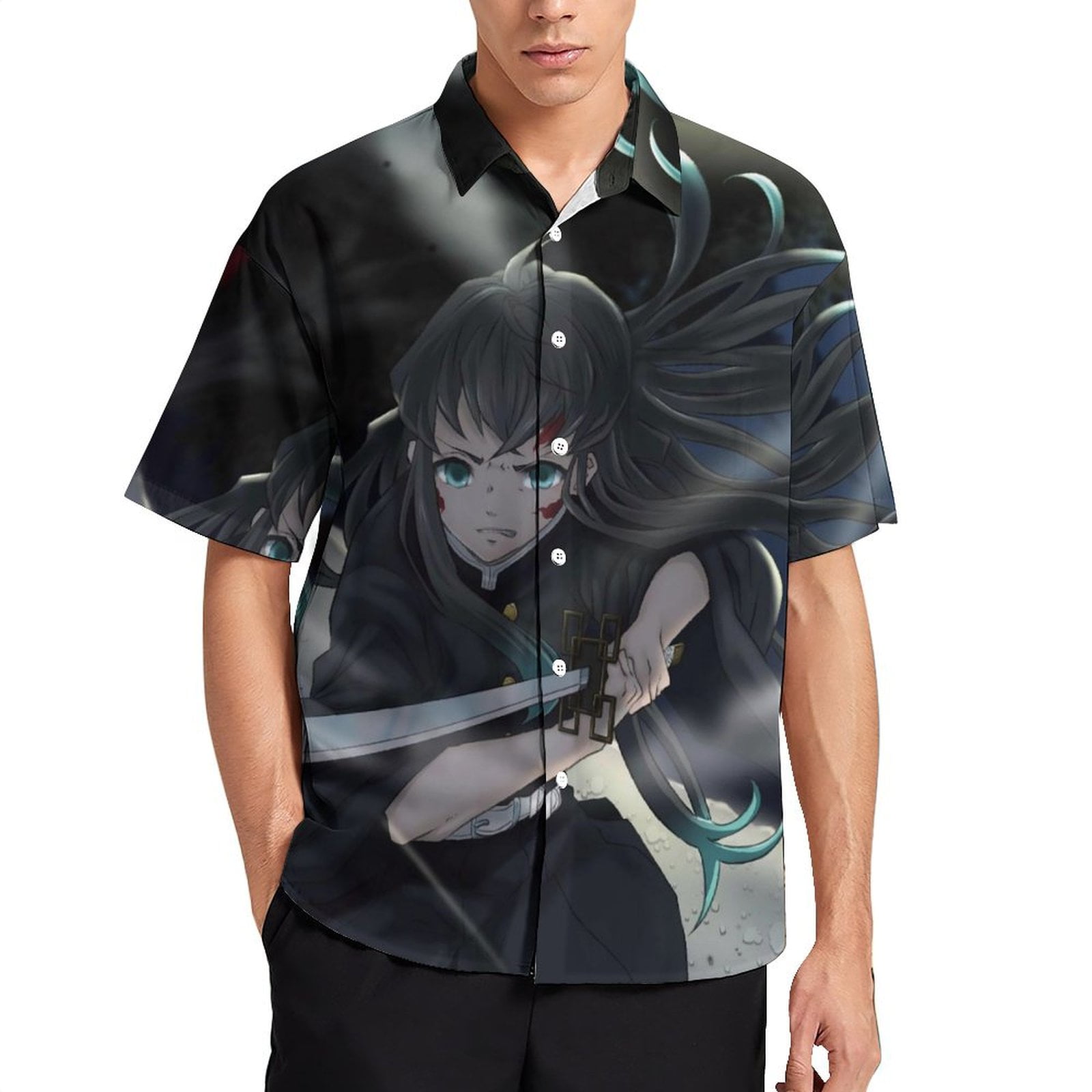 Demon Slayer Muichiro Tokito Men's Hawaiian Shirts Short Sleeve Button ...