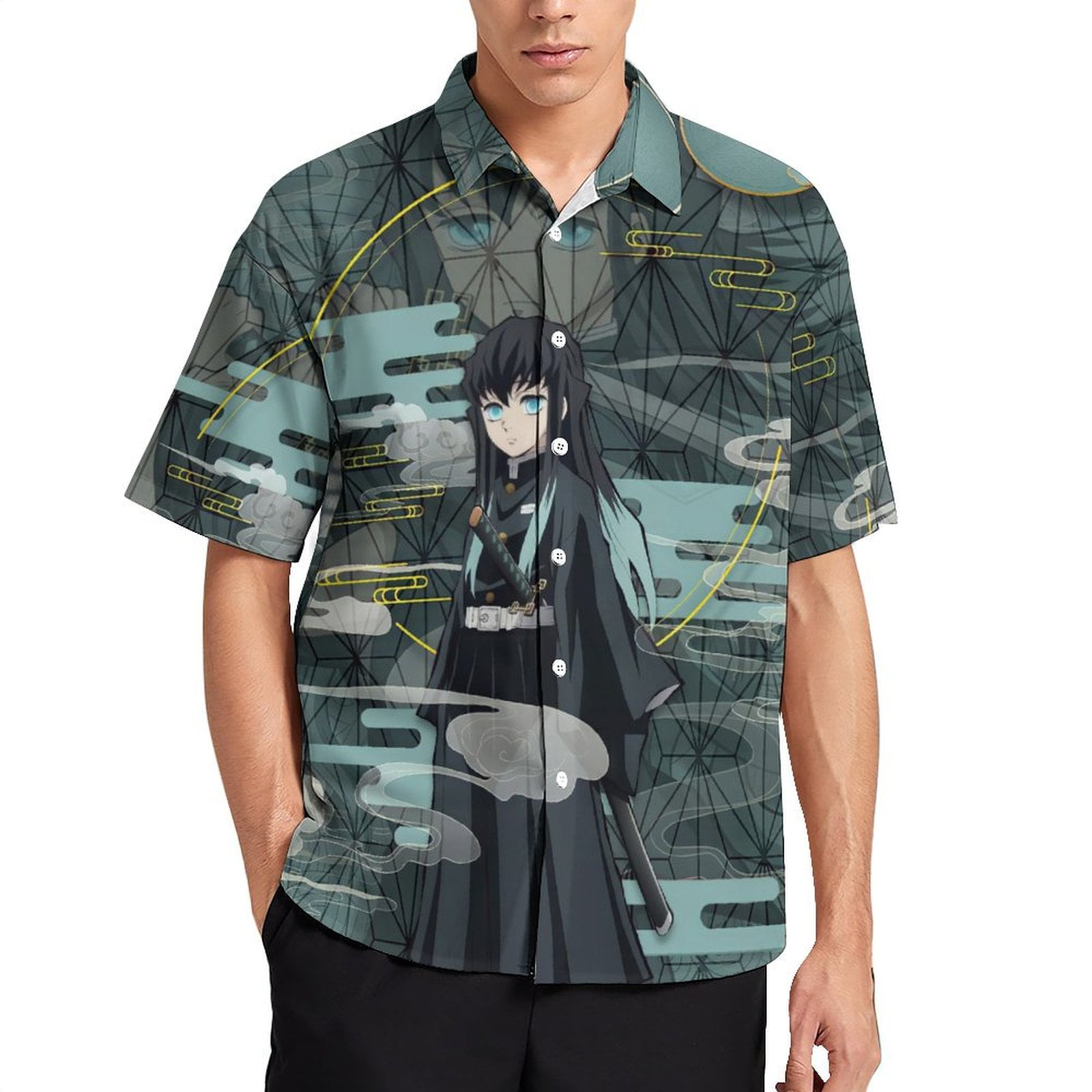 Demon Slayer Muichiro Tokito Men's Hawaiian Shirts Short Sleeve Button ...