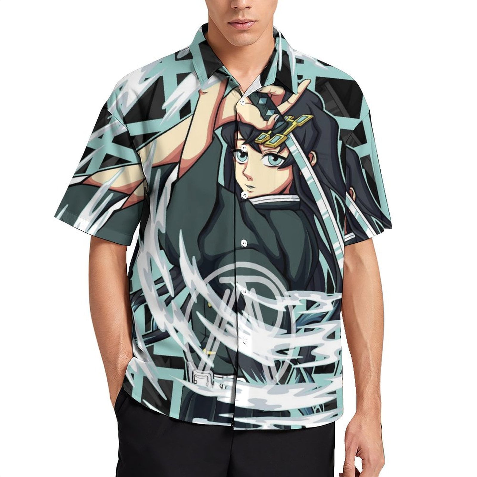 Demon Slayer Muichiro Tokito Men's Hawaiian Shirts Short Sleeve Button ...