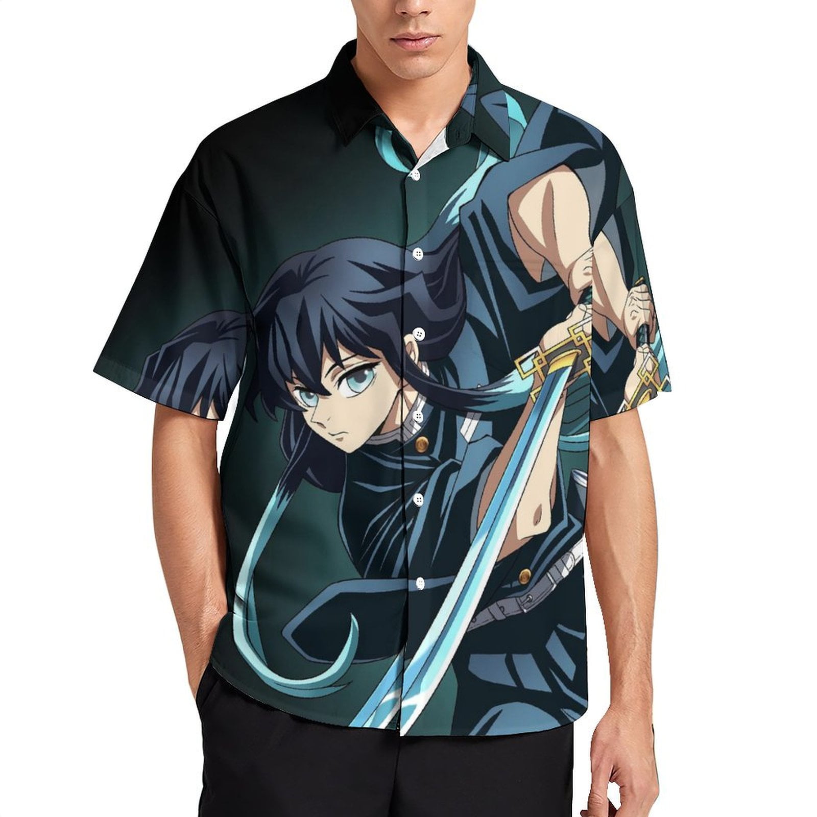 Demon Slayer Muichiro Tokito Men's Hawaiian Shirts Short Sleeve Button ...