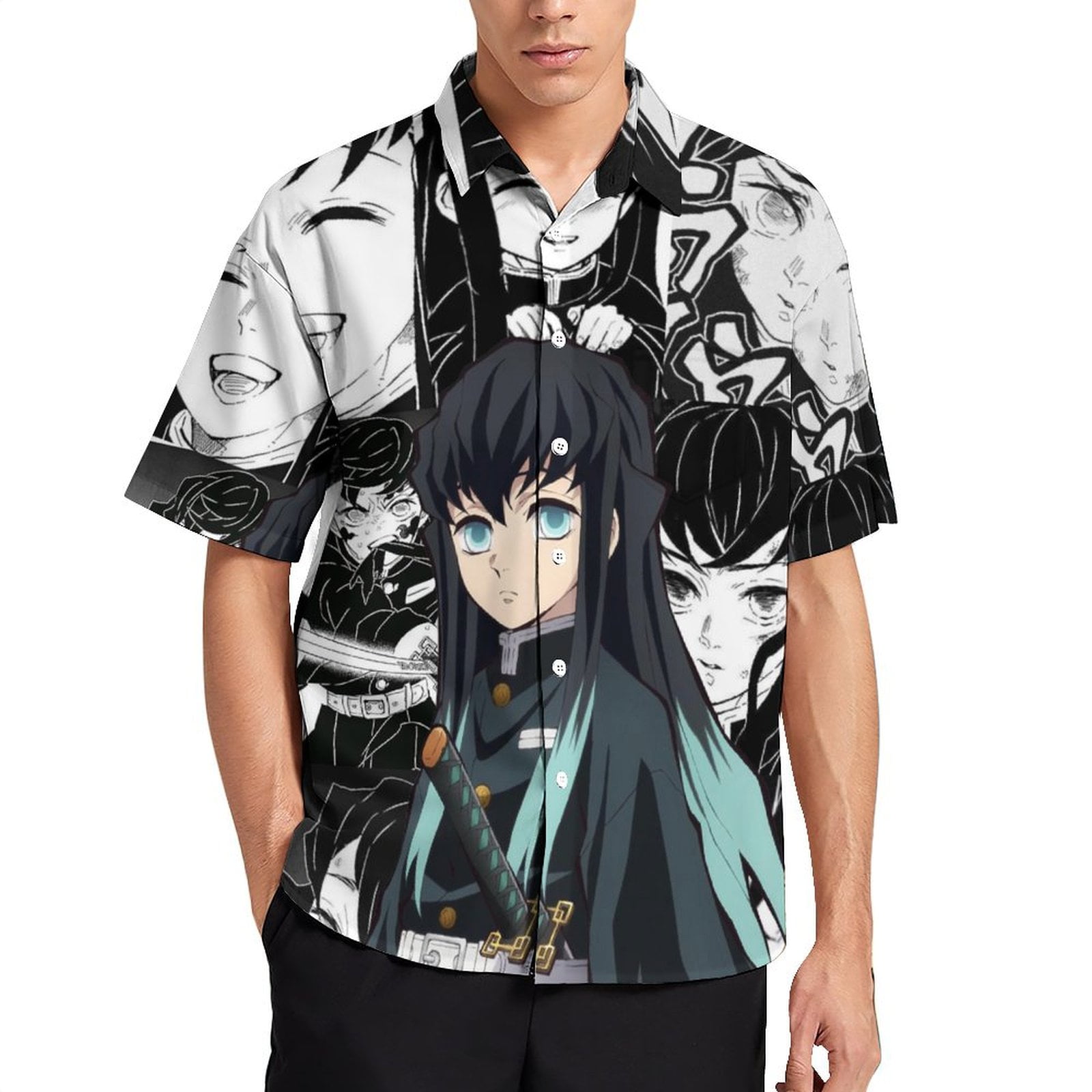Demon Slayer Muichiro Tokito Men's Hawaiian Shirts Short Sleeve Button ...