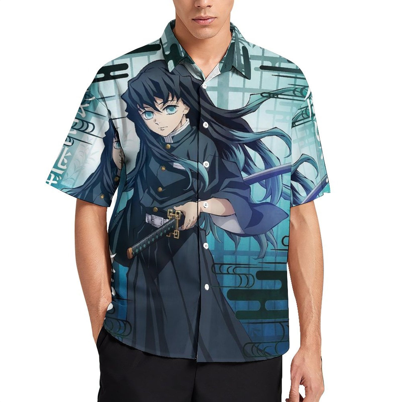 Demon Slayer Muichiro Tokito Men's Hawaiian Shirts Short Sleeve Button ...