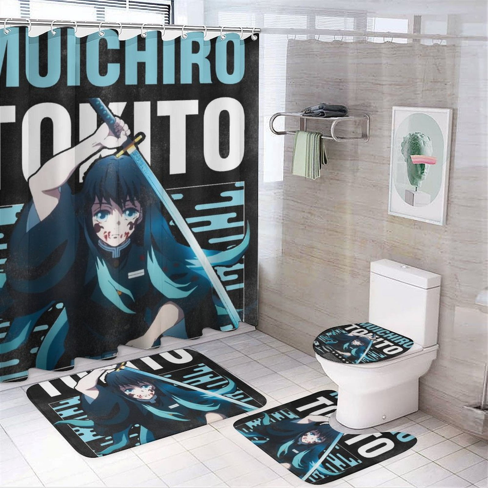 Demon Slayer Muichiro Tokito Shower Curtain Set,4Pcs Bathroom Decor ...