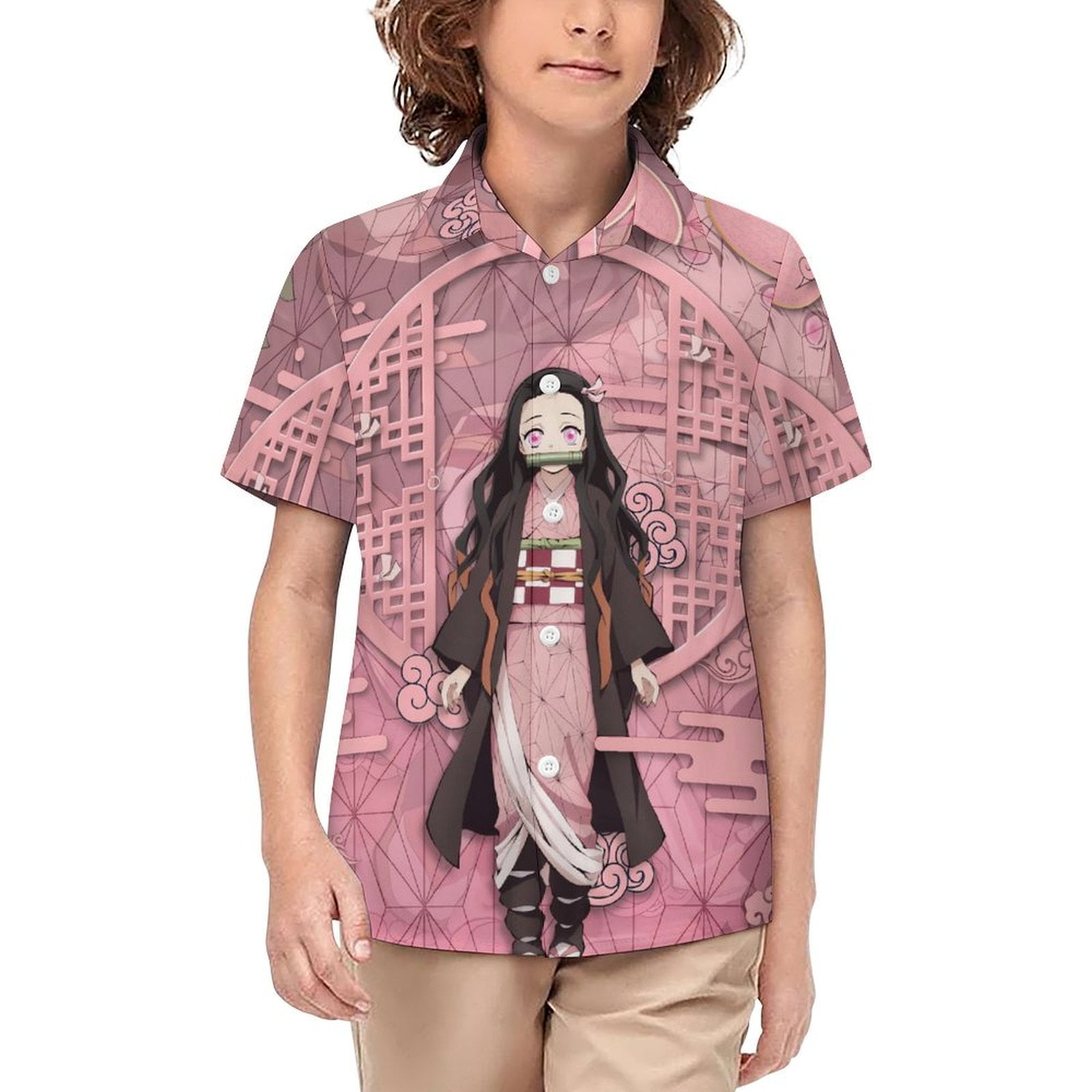 Demon Slayer Nezuko Boy's Button Down Hawaiian Shirt Short Sleeve, Kids ...