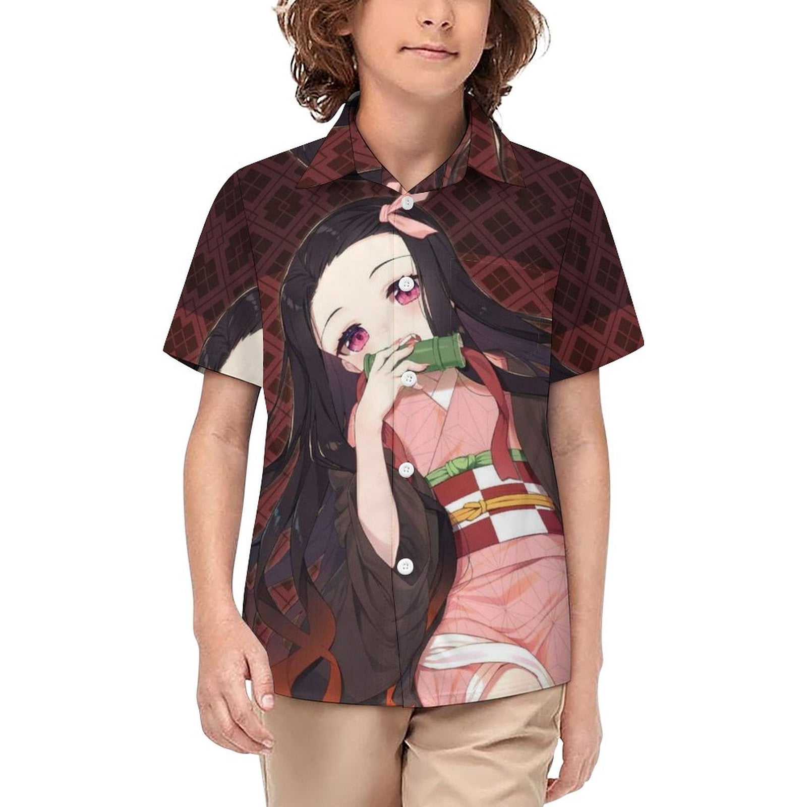 Demon Slayer Nezuko Boy's Button Down Hawaiian Shirt Short Sleeve, Kids ...