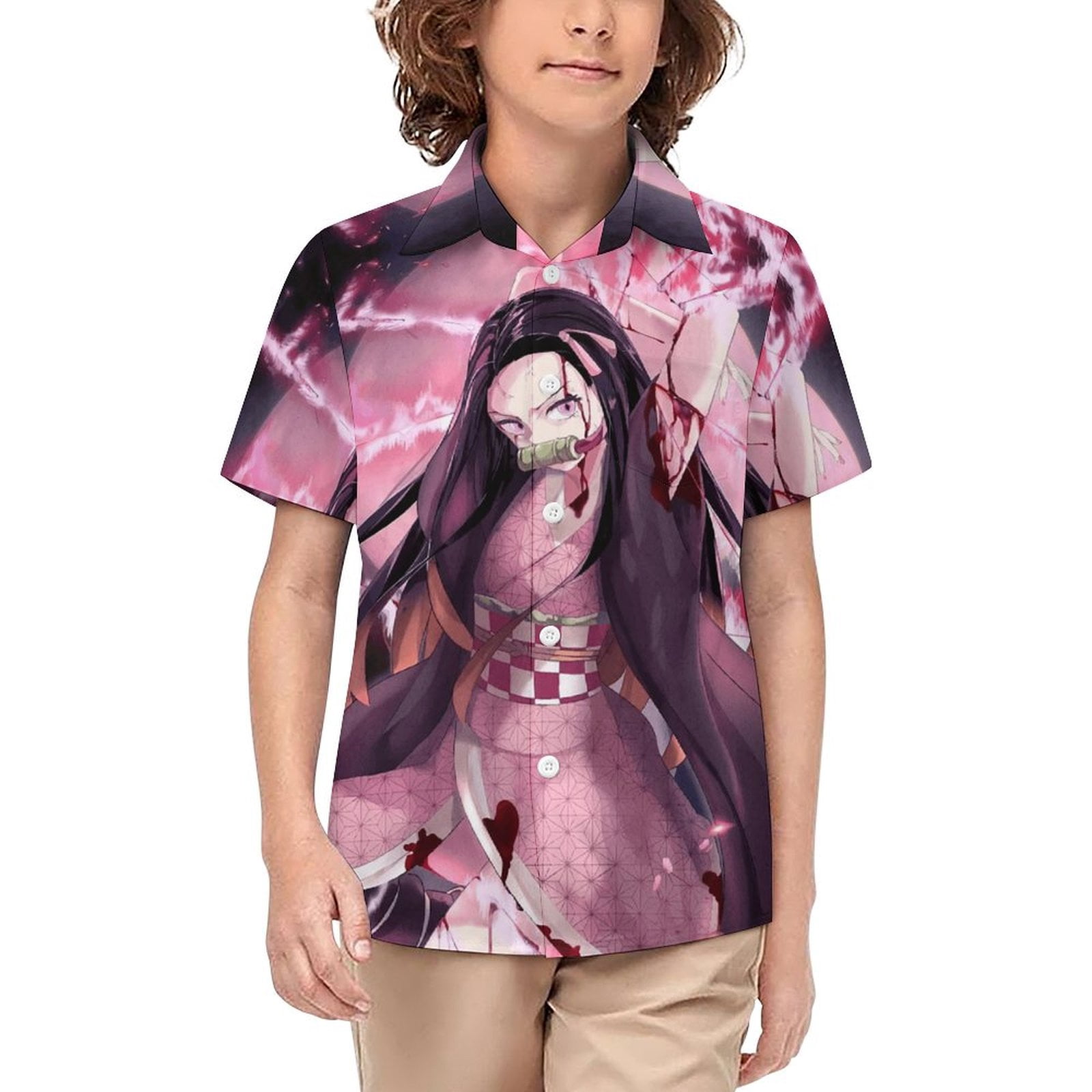 Demon Slayer Nezuko Boy's Button Down Hawaiian Shirt Short Sleeve, Kids ...