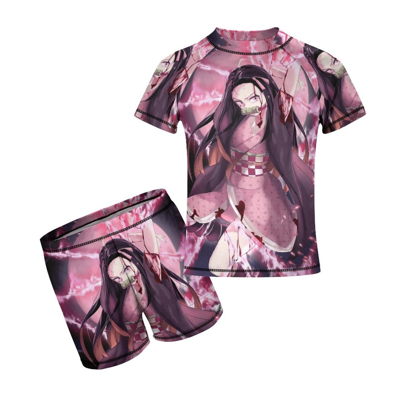 Demon Slayer Nezuko Boys 2-Piece Swimsuit Set, Short Sleeve Rash Guard ...