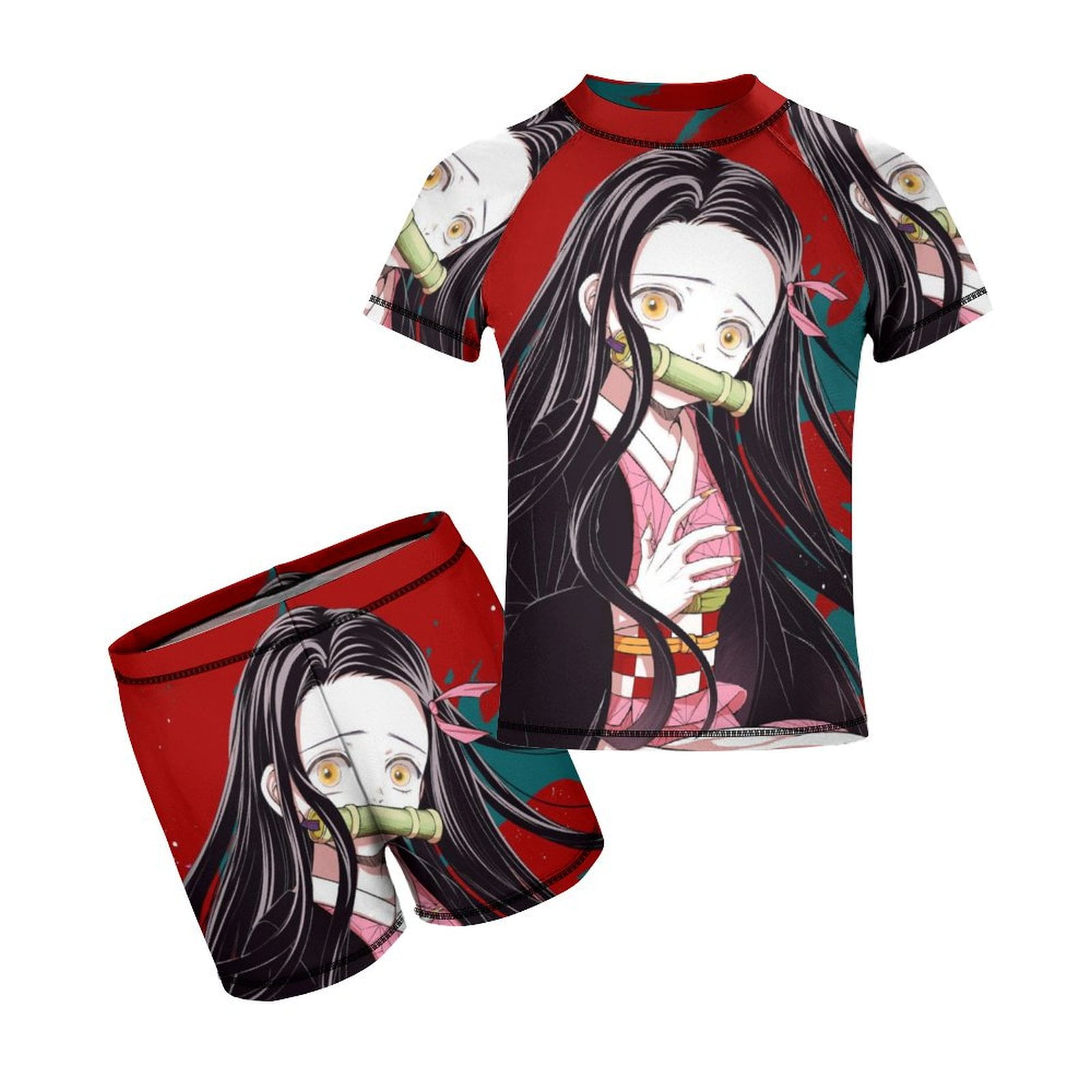 Demon Slayer Nezuko Boys 2-Piece Swimsuit Set, Short Sleeve Rash Guard ...