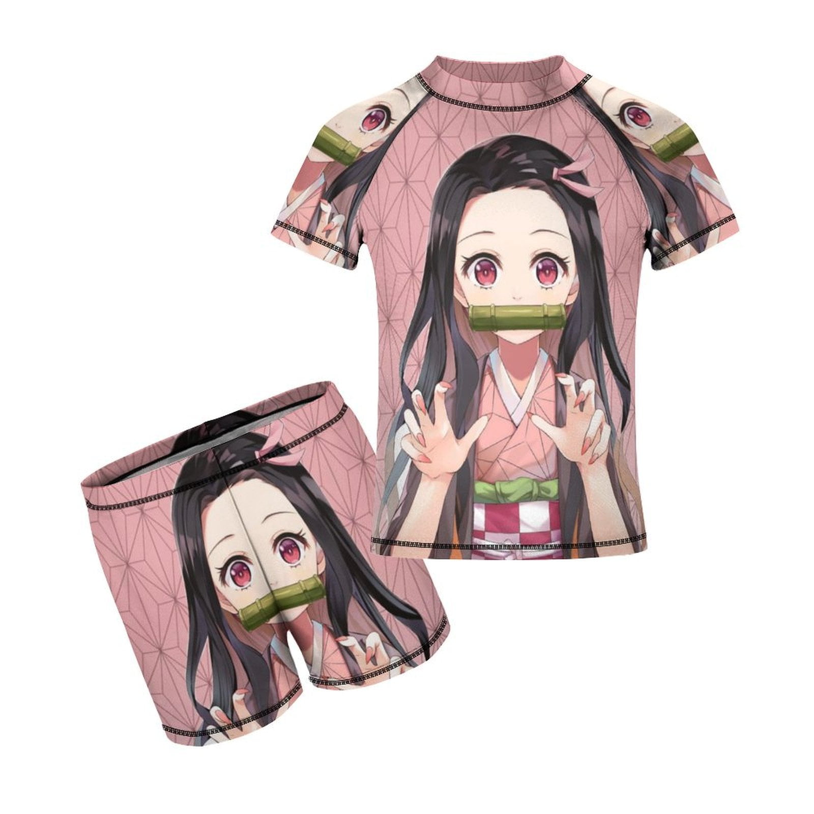 Demon Slayer Nezuko Boys 2-Piece Swimsuit Set, Short Sleeve Rash Guard ...