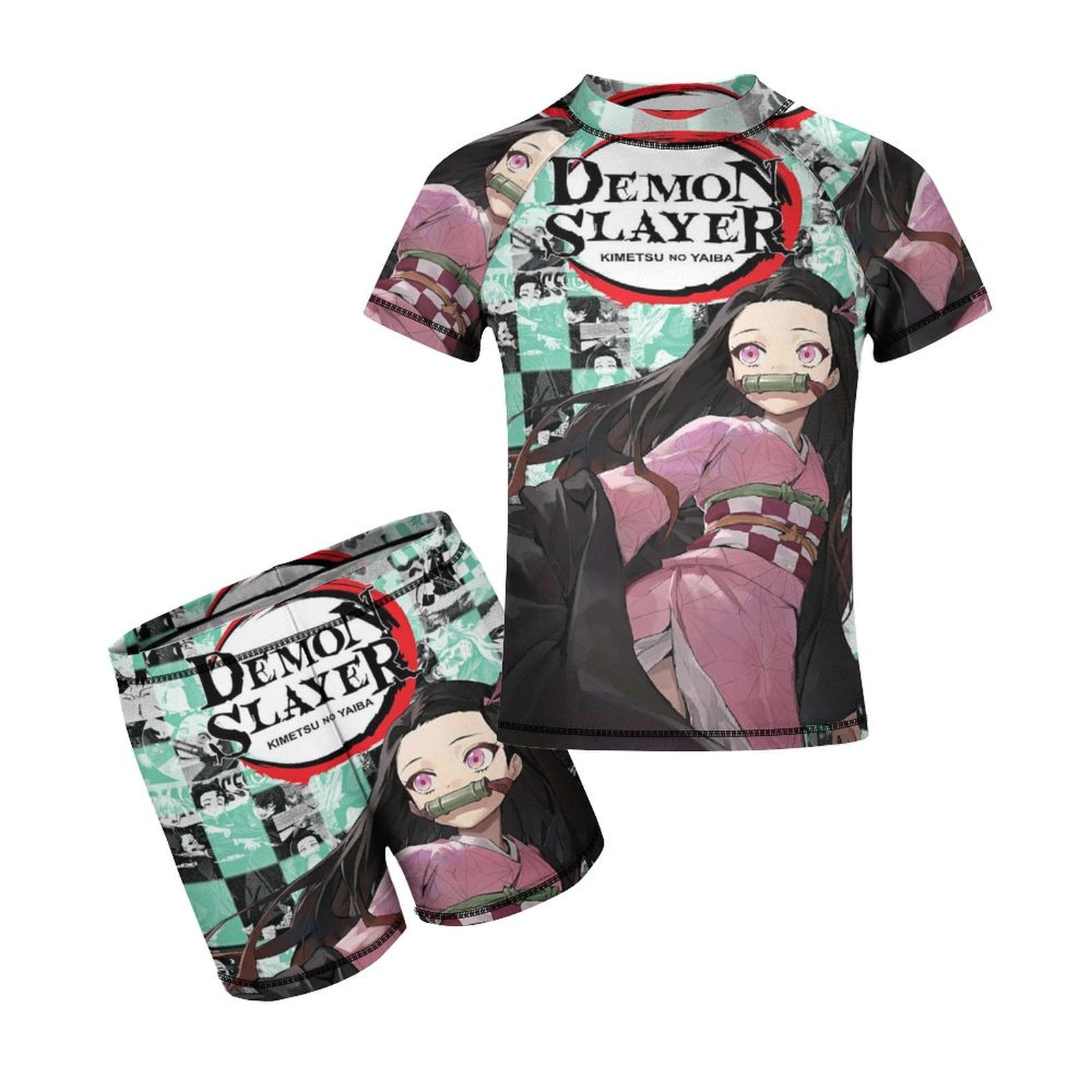 Demon Slayer Nezuko Boys 2-Piece Swimsuit Set, Short Sleeve Rash Guard ...