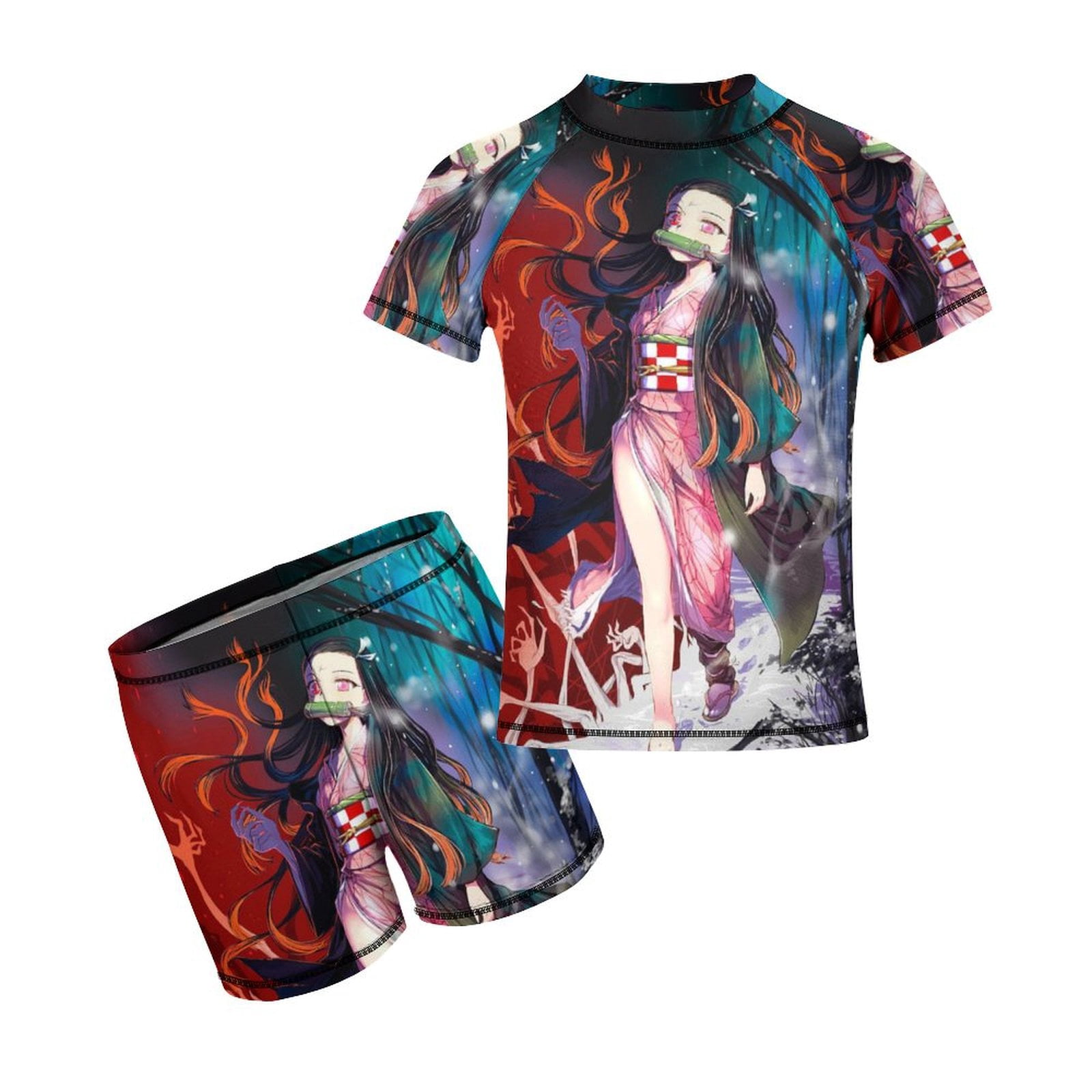 Demon Slayer Nezuko Boys 2-Piece Swimsuit Set, Short Sleeve Rash Guard ...