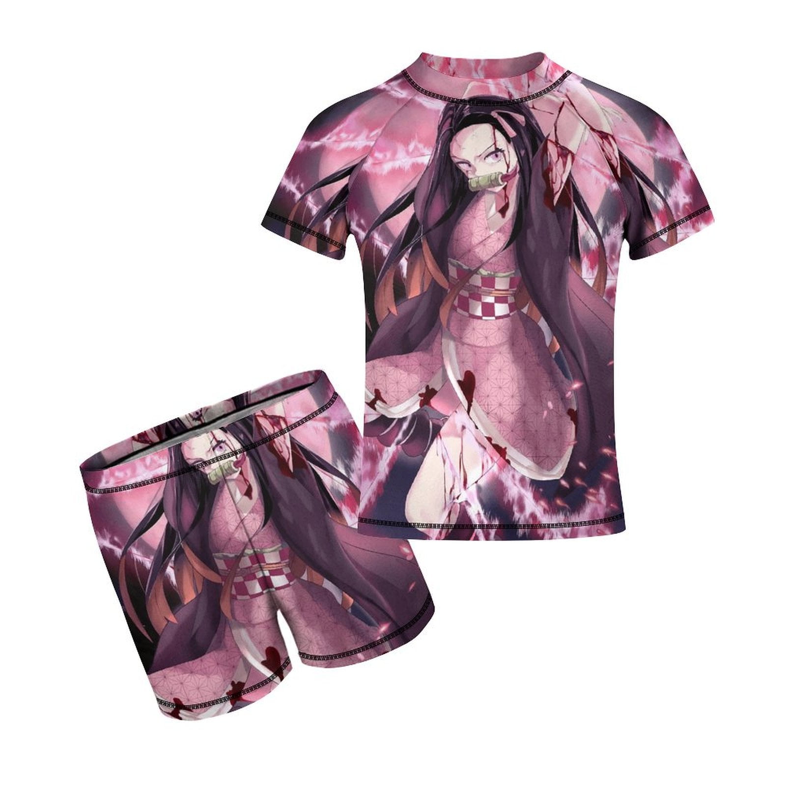 Demon Slayer Nezuko Boys Rash Guard Set 2 Piece Swimsuits Short Sleeve ...