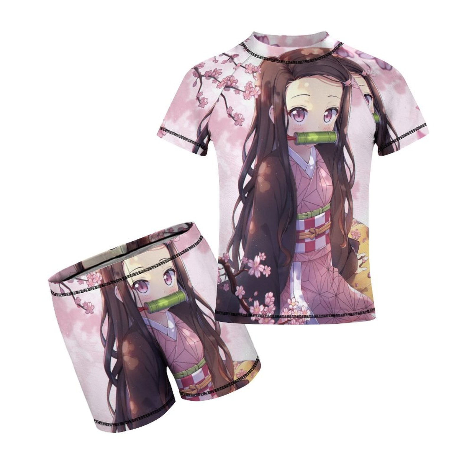 Demon Slayer Nezuko Boys Rash Guard Set 2 Piece Swimsuits Short Sleeve ...