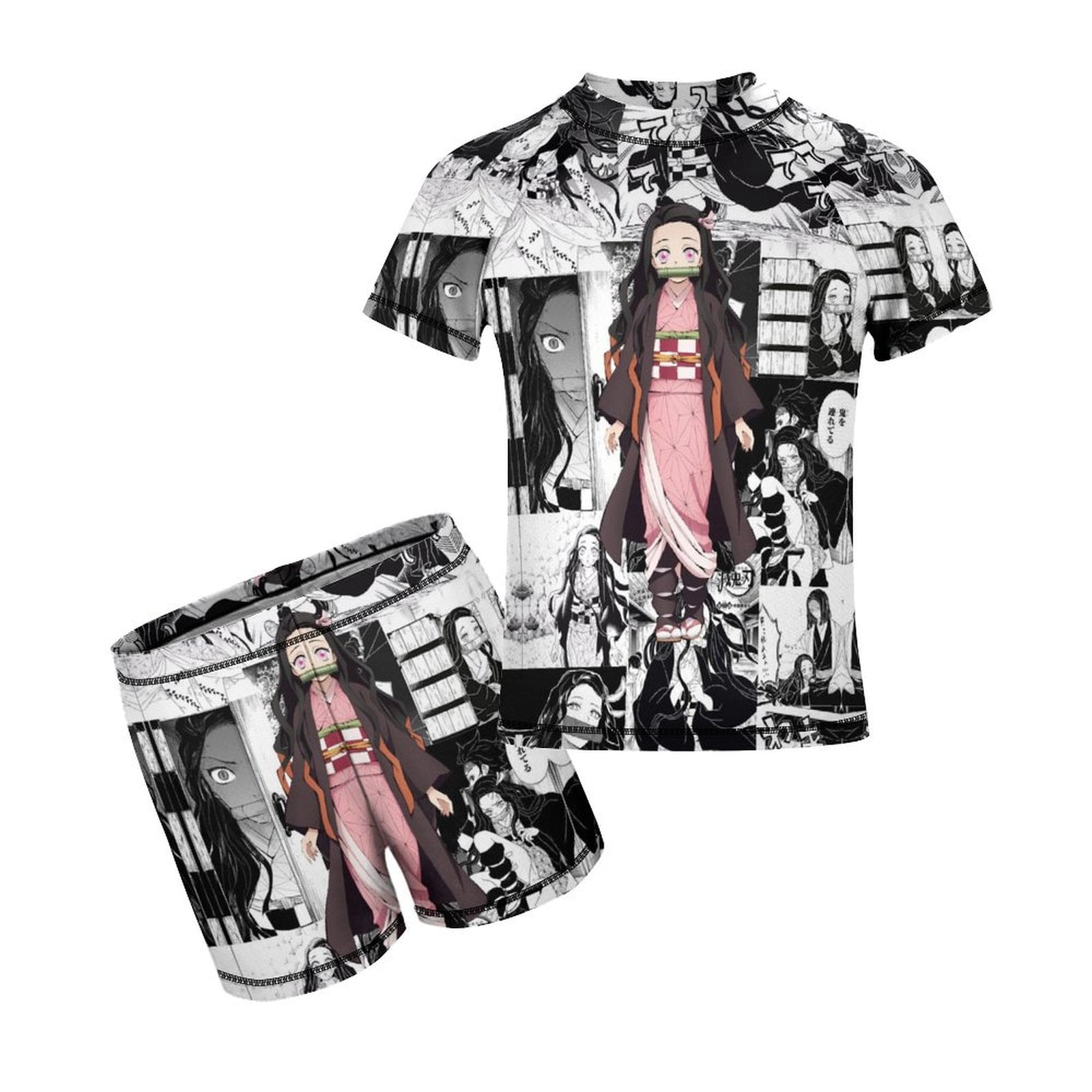 Demon Slayer Nezuko Boys Rash Guard Set 2 Piece Swimsuits Short Sleeve ...