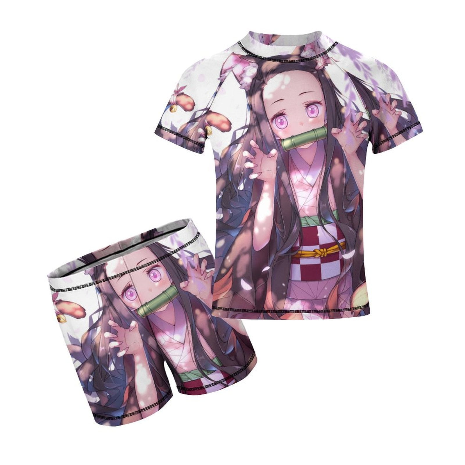 Demon Slayer Nezuko Boys Rash Guard Set 2 Piece Swimsuits Short Sleeve ...