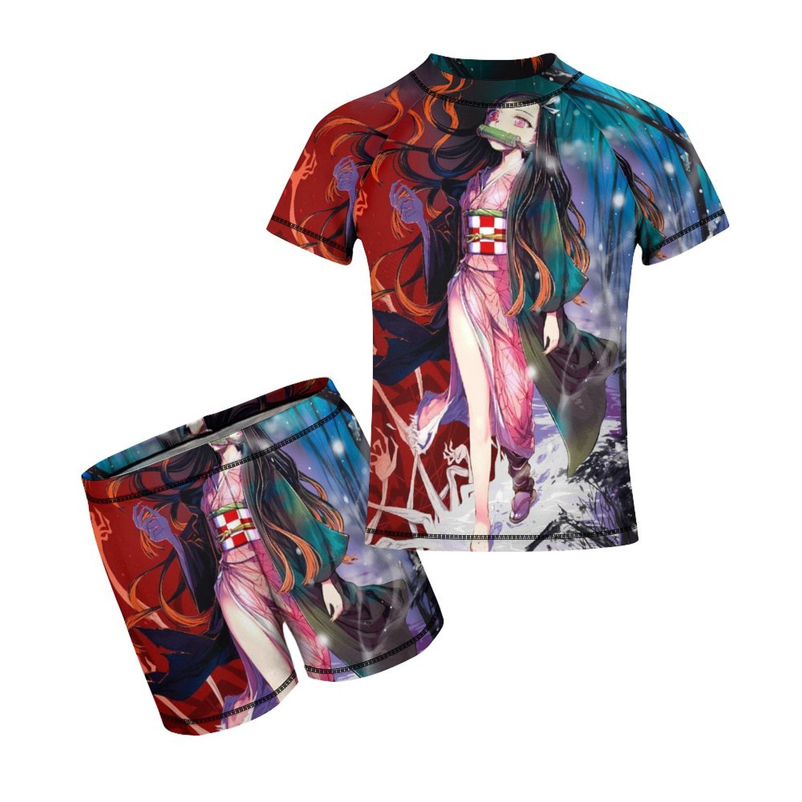 Demon Slayer Nezuko Boys Rash Guard Set 2 Piece Swimsuits Short Sleeve ...