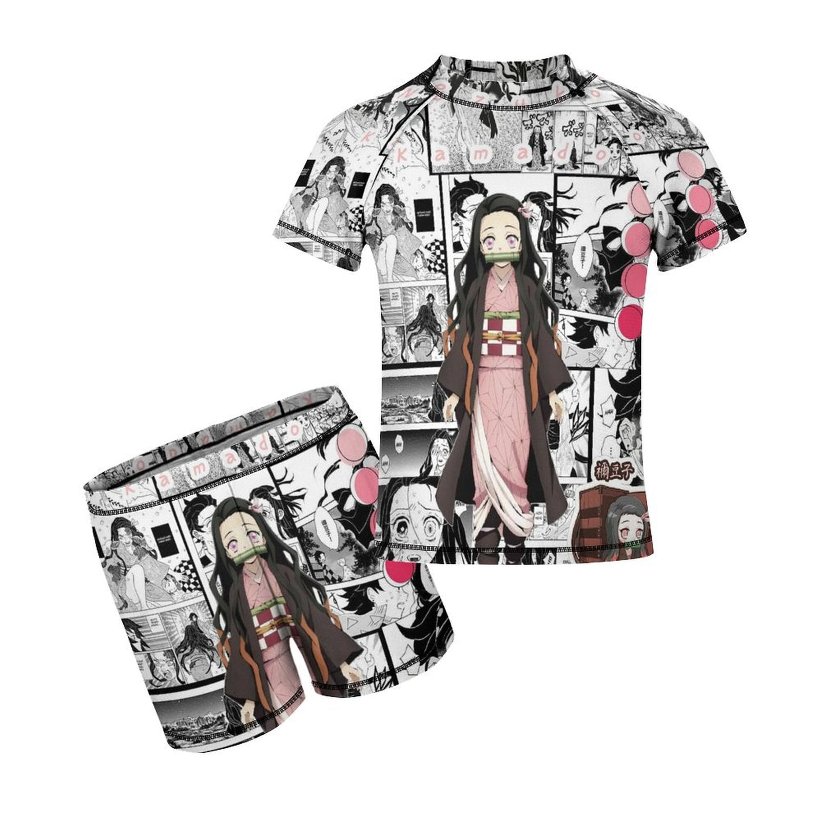 Demon Slayer Nezuko Boys Rash Guard Set 2 Piece Swimsuits Short Sleeve ...