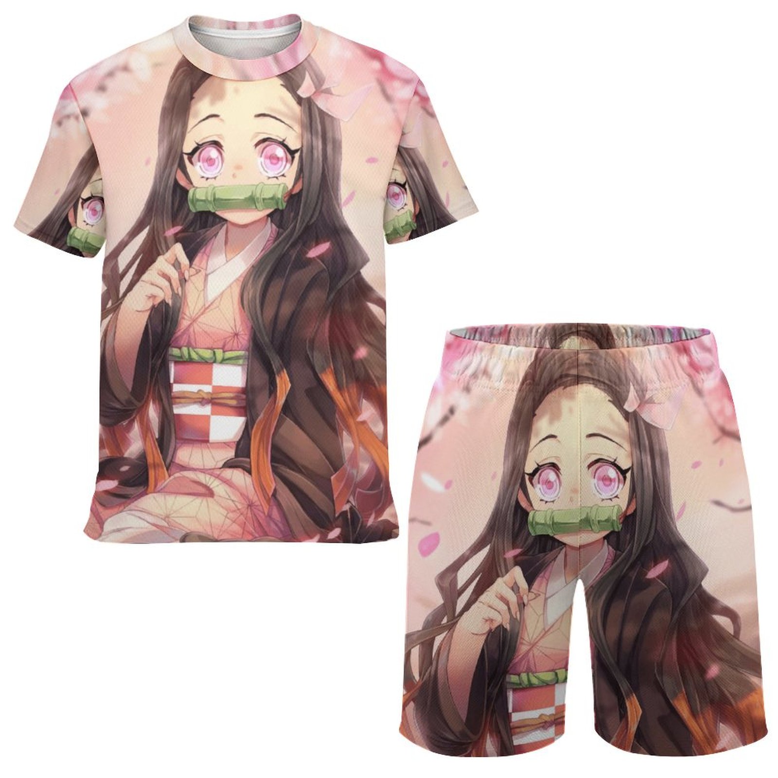 Demon Slayer Nezuko Boys Short Sleeve Mesh T-Shirt And Shorts Outfit ...