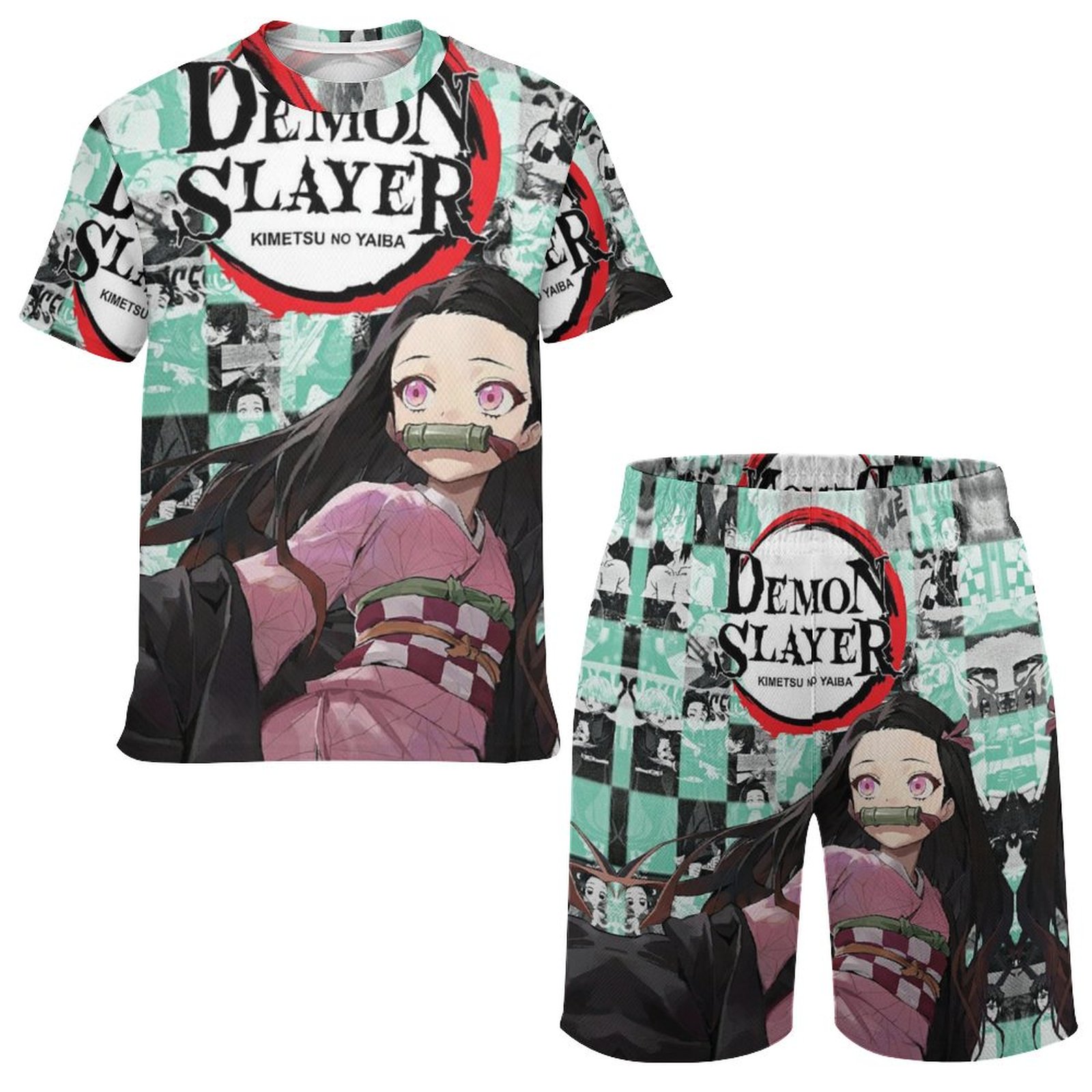 Demon Slayer Nezuko Boys Short Sleeve Mesh T-Shirt And Shorts Outfit ...