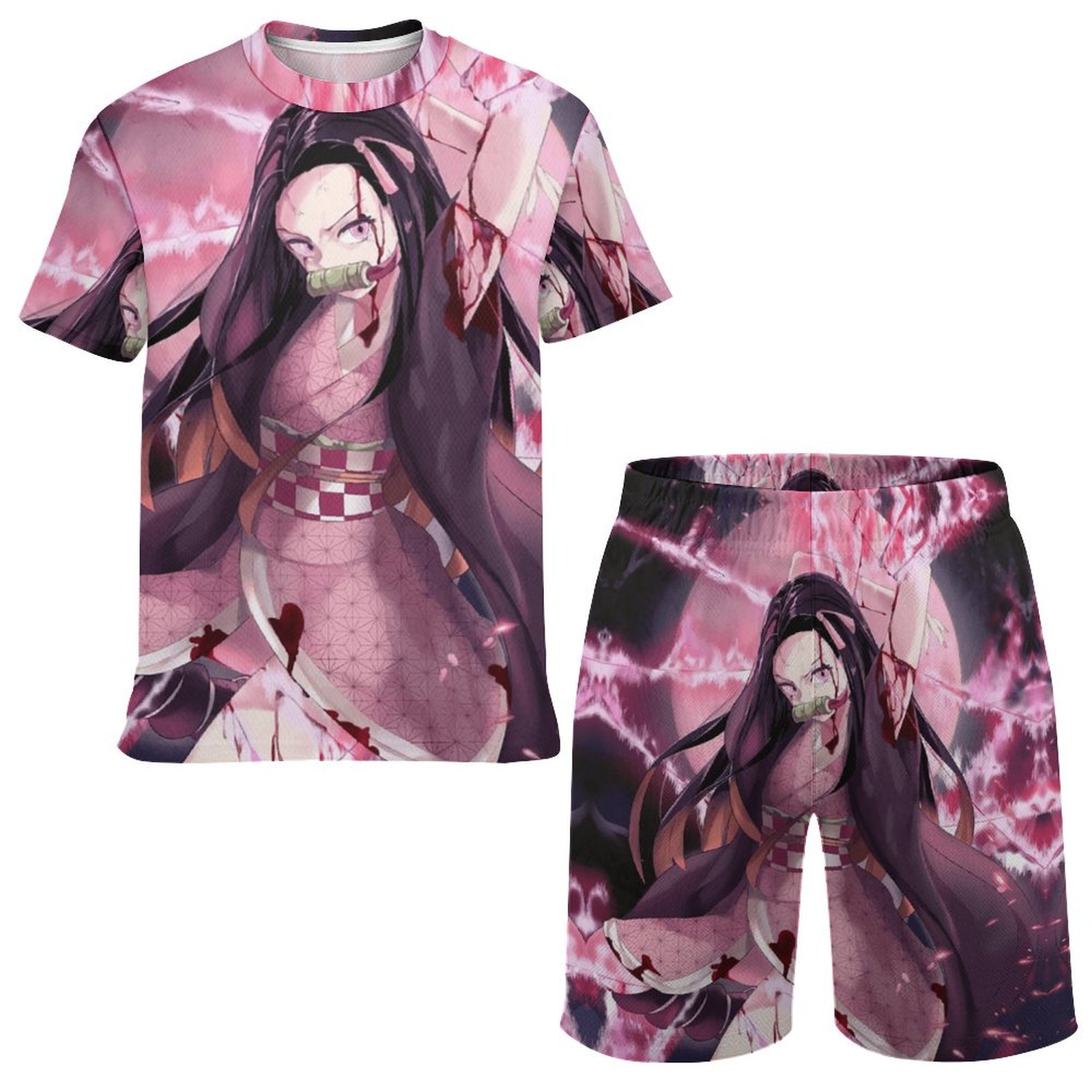 Demon Slayer Nezuko Boys Short Sleeve Mesh T-Shirt And Shorts Outfit ...