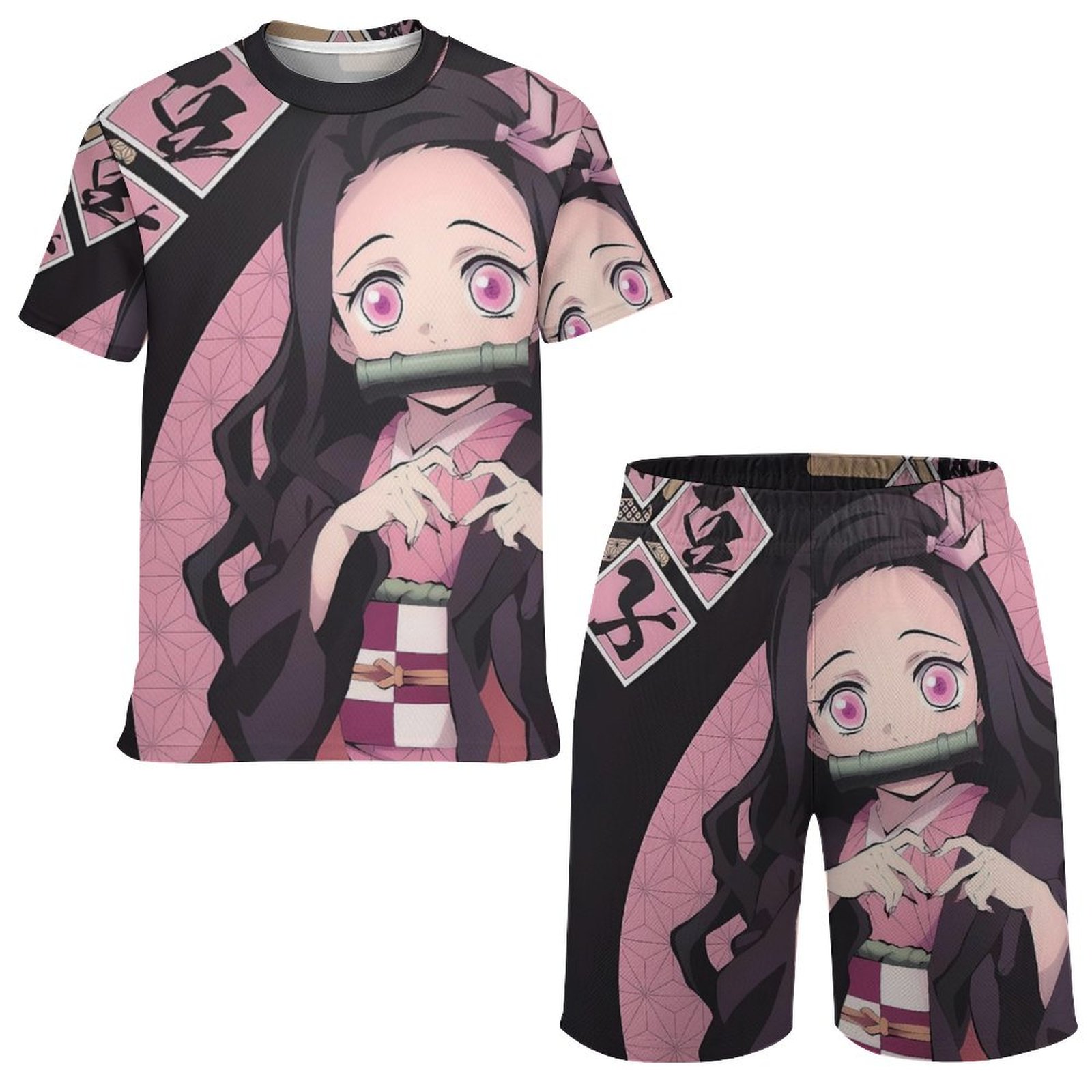 Demon Slayer Nezuko Boys Short Sleeve T-Shirt And Mesh Shorts Outfit ...