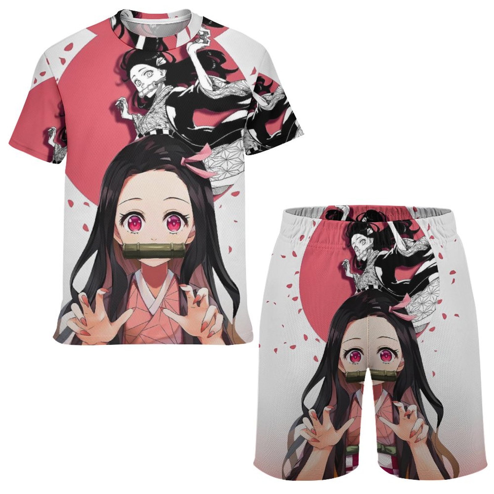 Demon Slayer Nezuko Boys Short Sleeve T-Shirt And Mesh Shorts Outfit ...