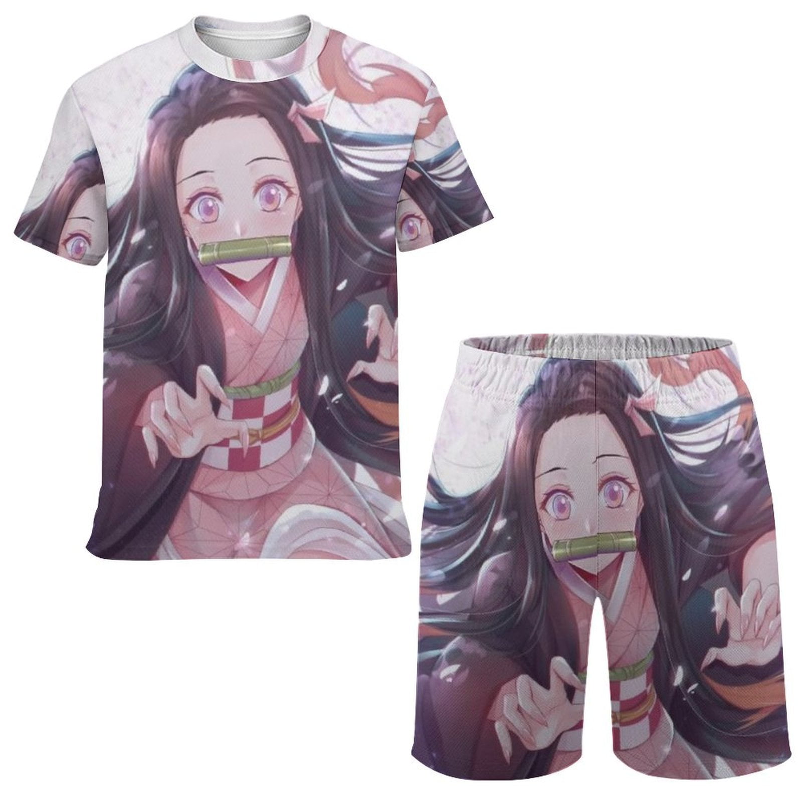 Demon Slayer Nezuko Boys Short Sleeve T-Shirt And Mesh Shorts Outfit ...
