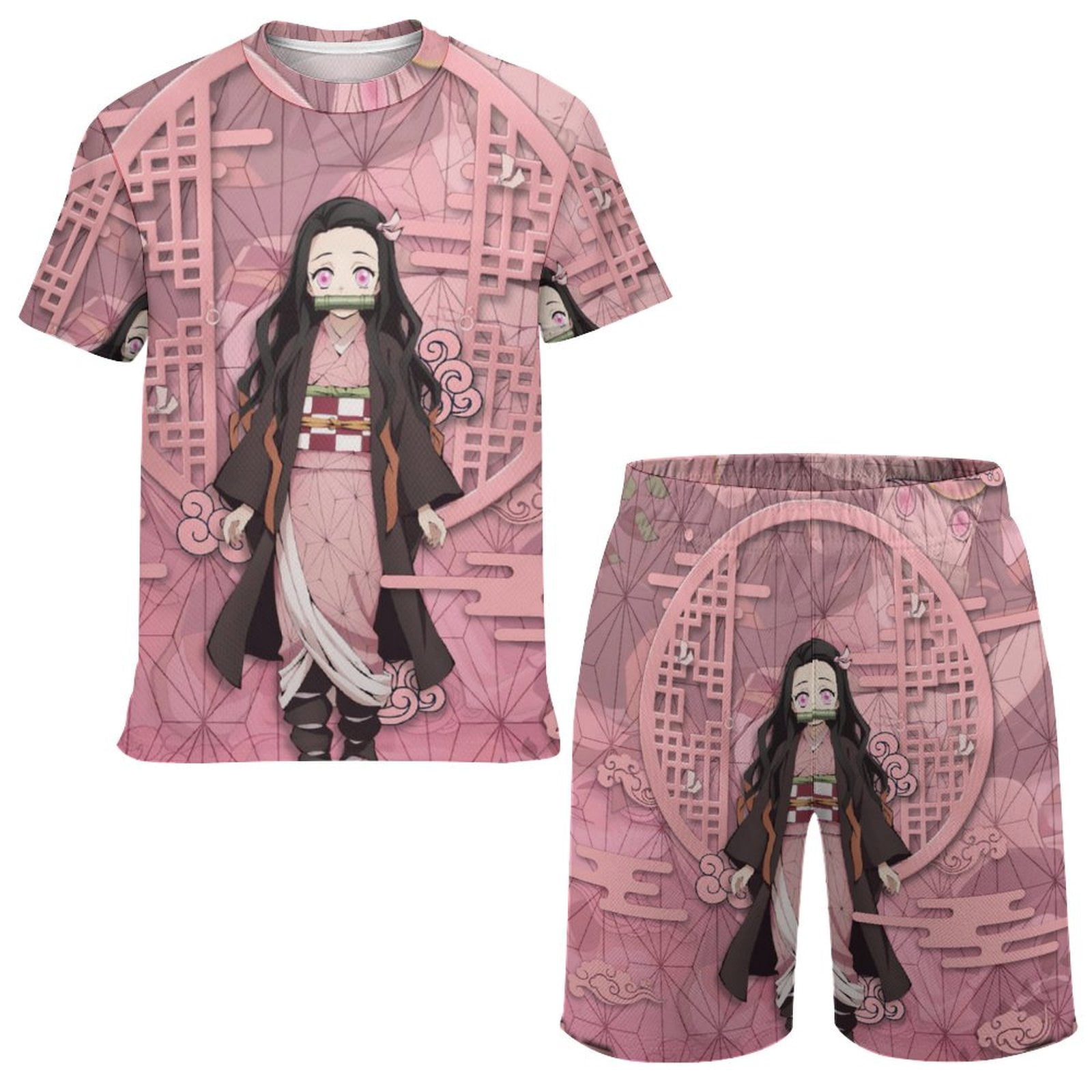 Demon Slayer Nezuko Boys Short Sleeve T-Shirt And Mesh Shorts Outfit ...