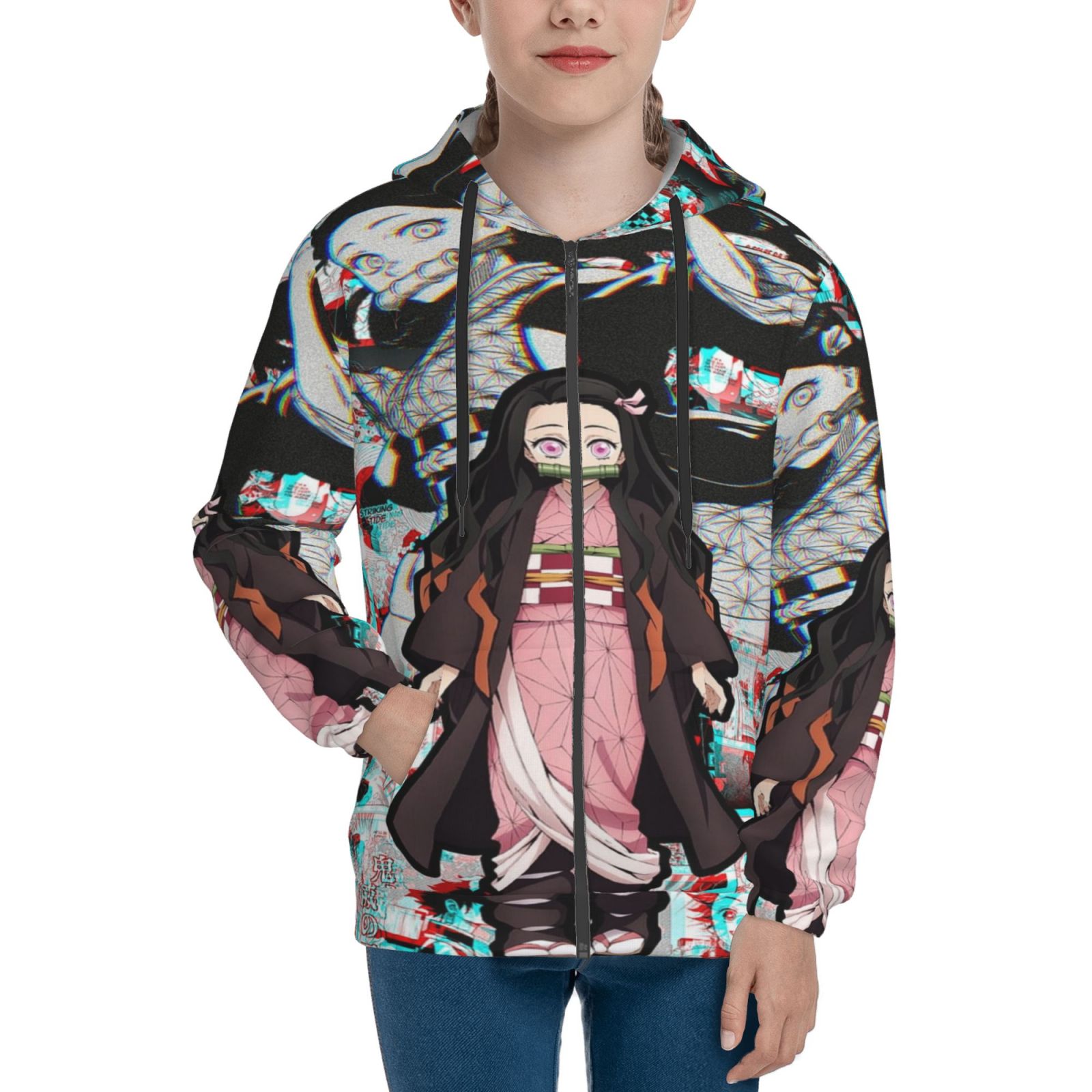 Demon Slayer Nezuko Hoodies Novelty Zipper Hooded Sweater Casual Warm ...