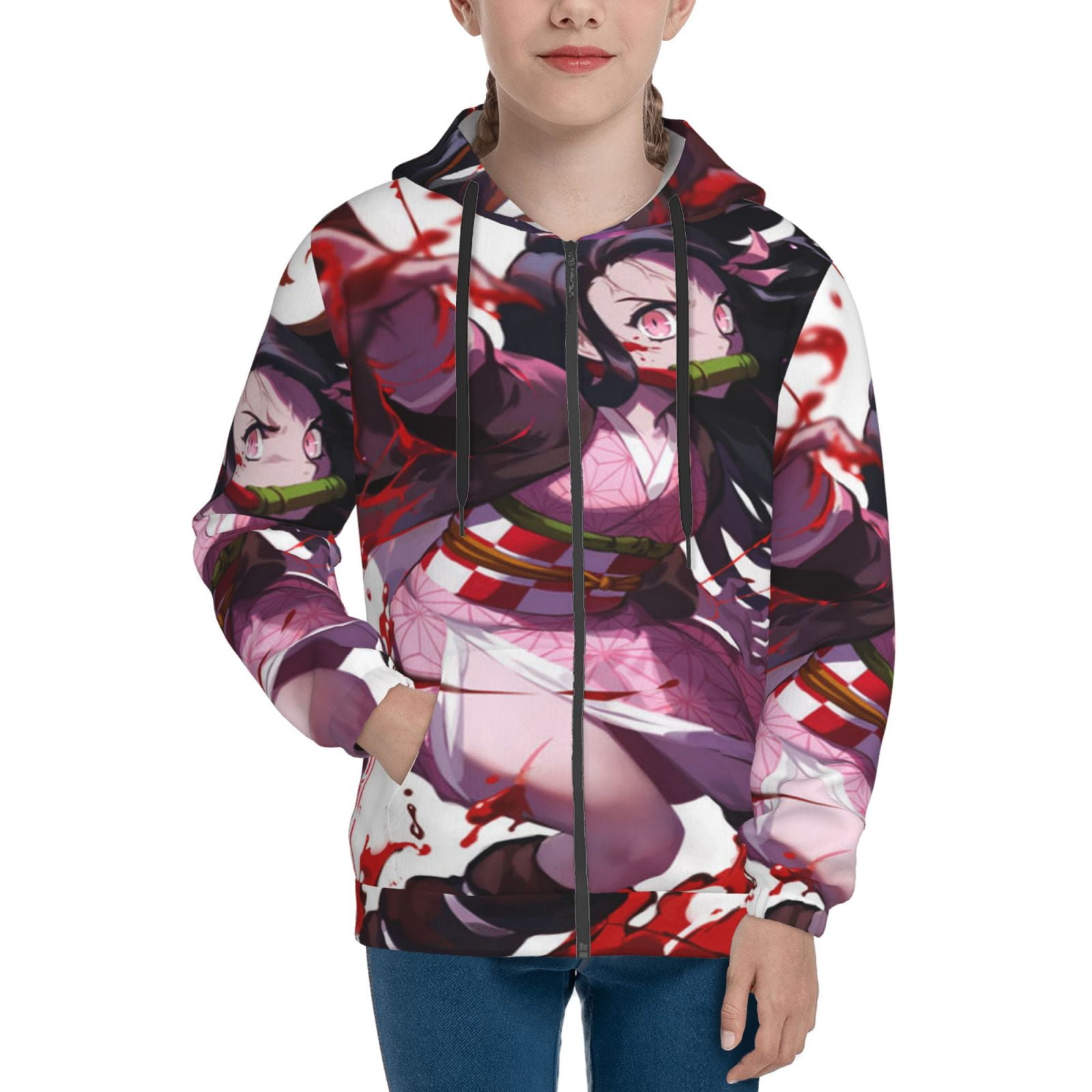 Demon Slayer Nezuko Hoodies Novelty Zipper Hooded Sweater Casual Warm ...