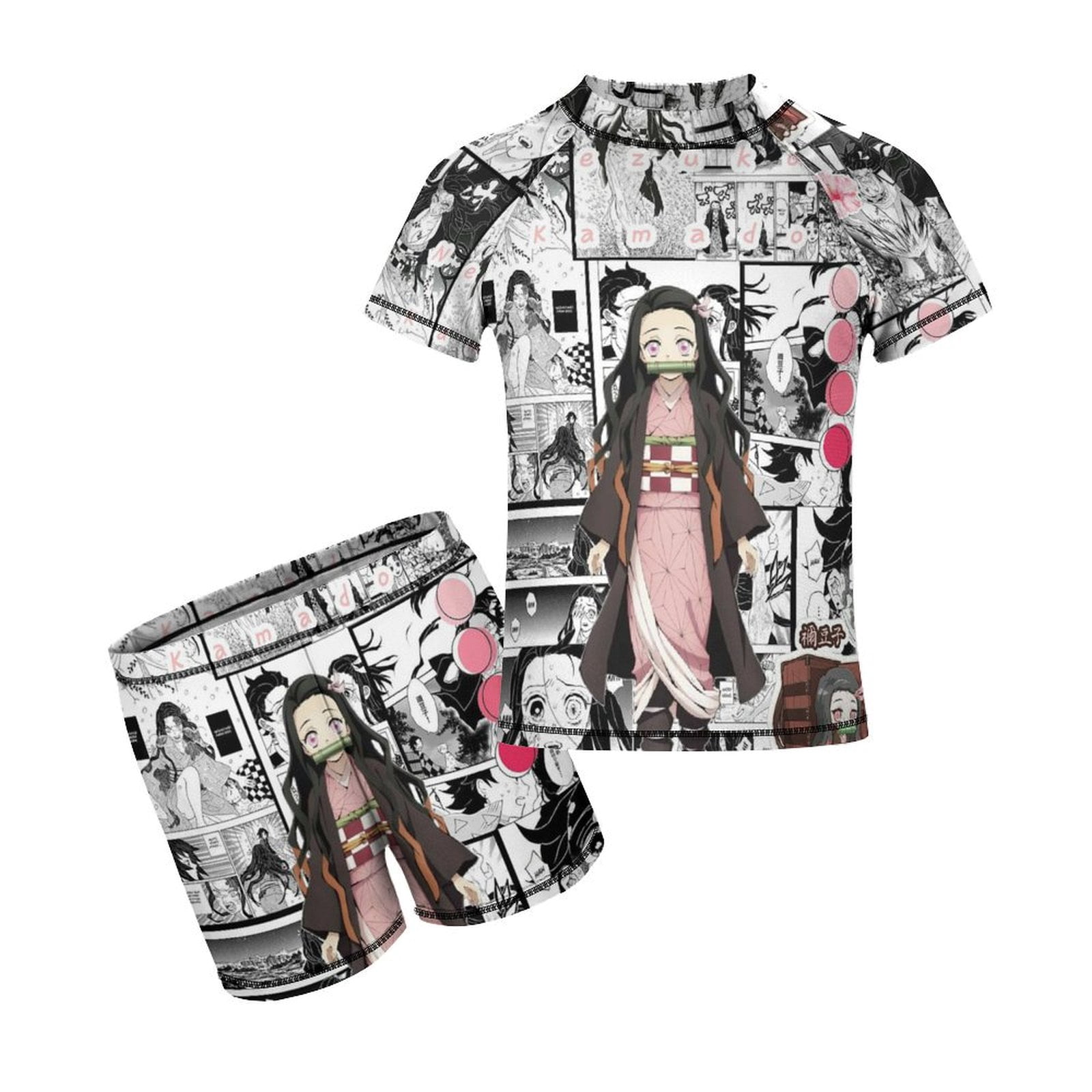 Demon Slayer Nezuko Kamado Boys 2-Piece Swimsuit Set, Short Sleeve Rash ...