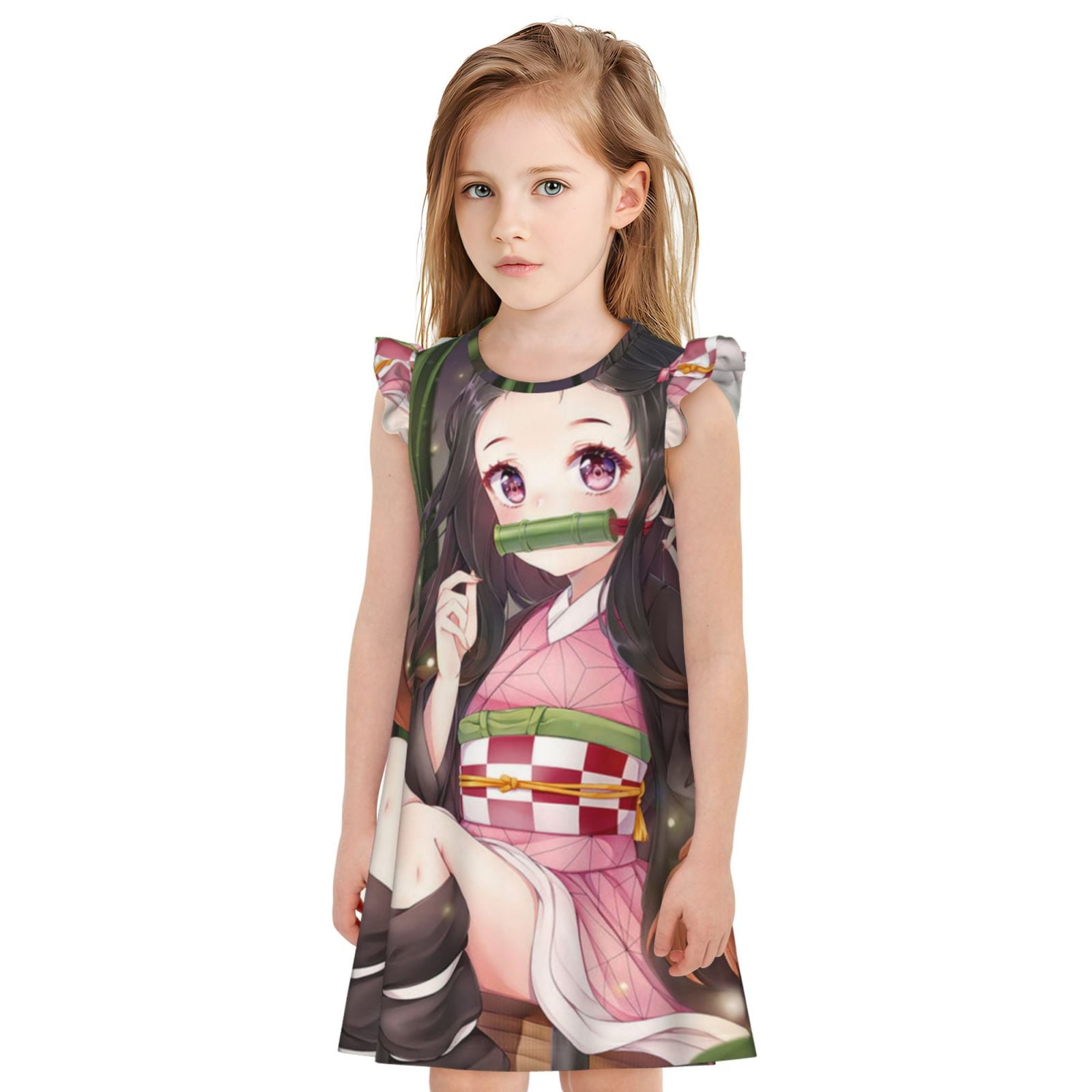 Demon Slayer Nezuko Little Girls Nightgown Short Flutter Sleeve Pajamas ...