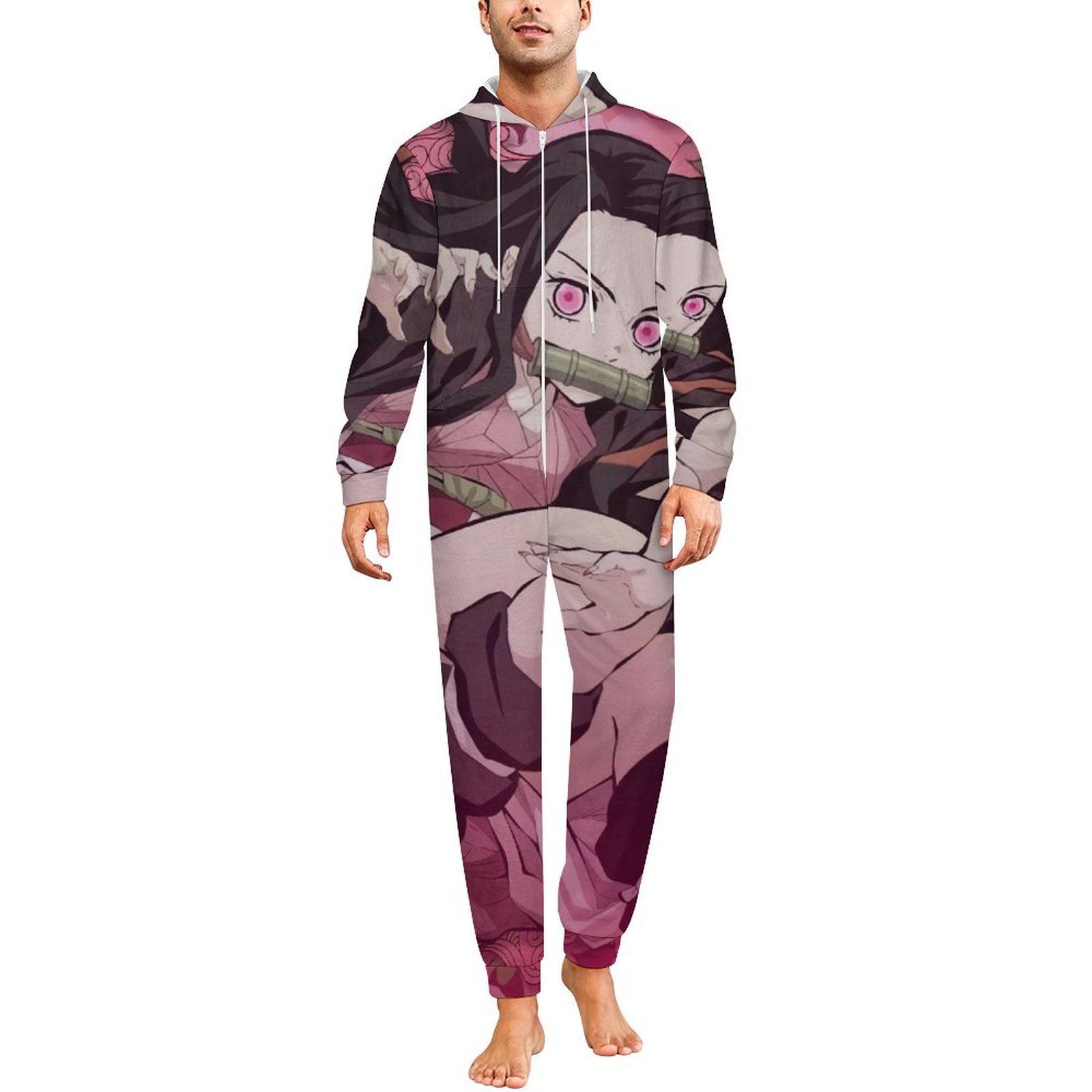 Demon Slayer Nezuko Unisex Onesie Pajamas Zipper Jumpsuit Hooded One ...