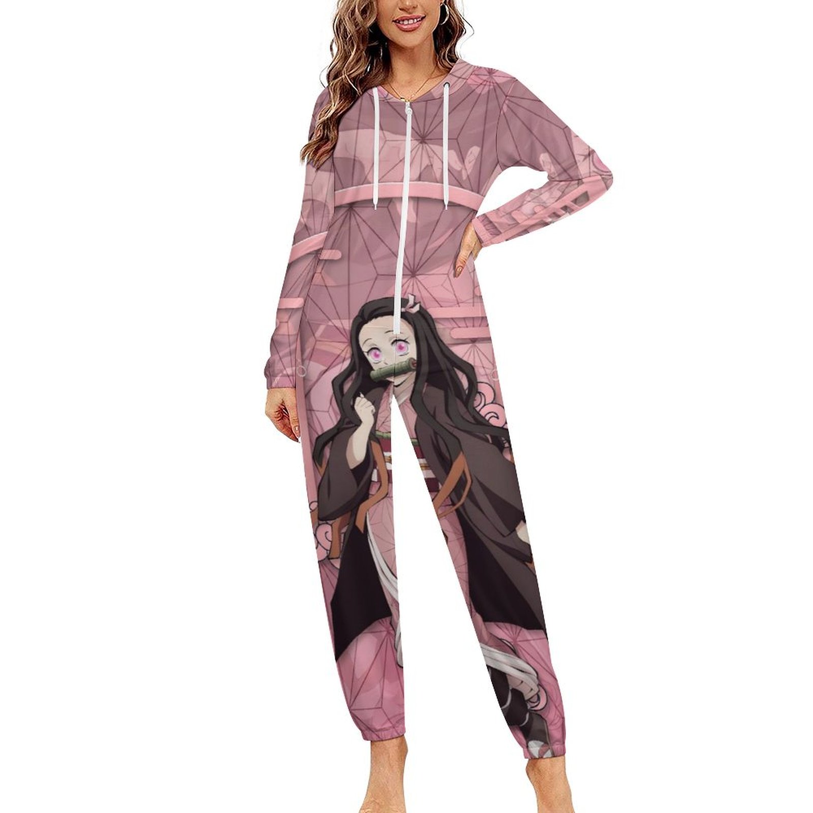 Demon Slayer Nezuko Unisex Onesie Pajamas Zipper Jumpsuit Hooded One ...