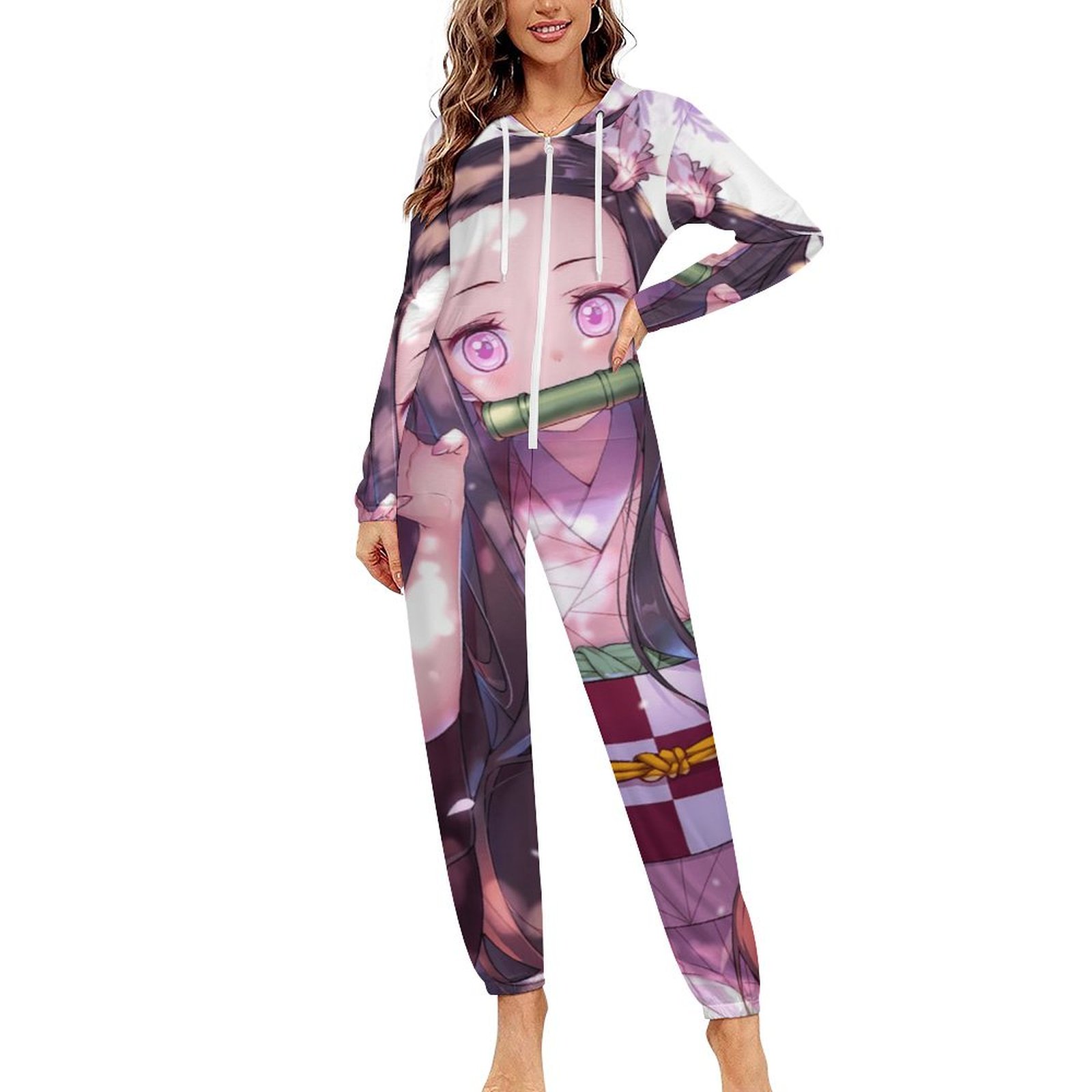 Demon Slayer Nezuko Unisex Onesie Pajamas Zipper Jumpsuit Hooded One ...