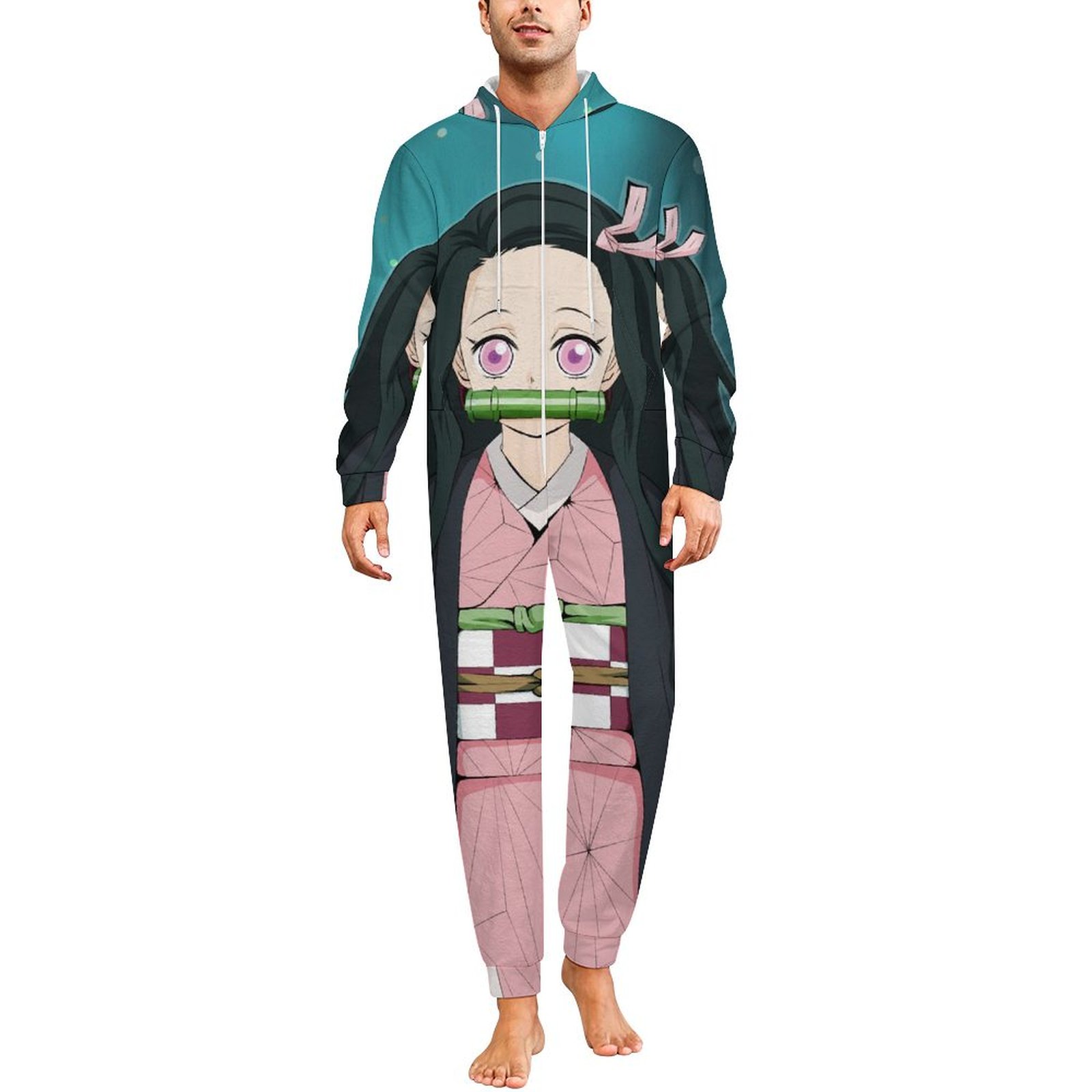 Demon Slayer Nezuko Women Men Pajamas Zipper Onesie Jumpsuit Hooded One ...
