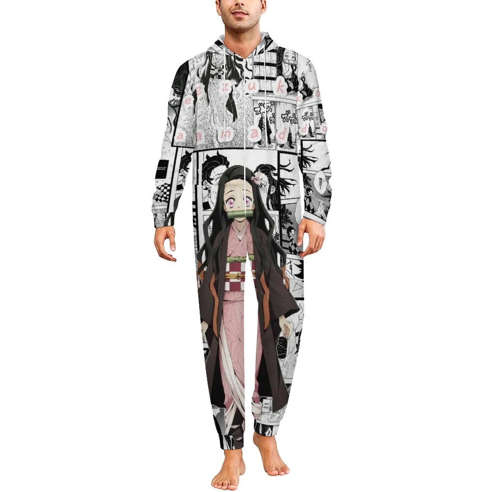 Demon Slayer Nezuko Women Men Pajamas Zipper Onesie Jumpsuit Hooded One ...