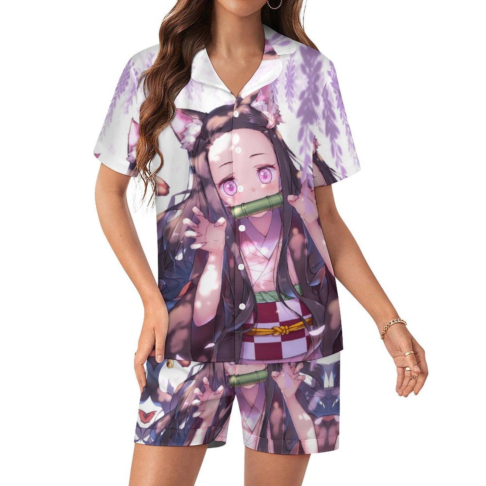 Demon Slayer Nezuko Women Pajamas Set Short Sleeve Sleepwear Button ...