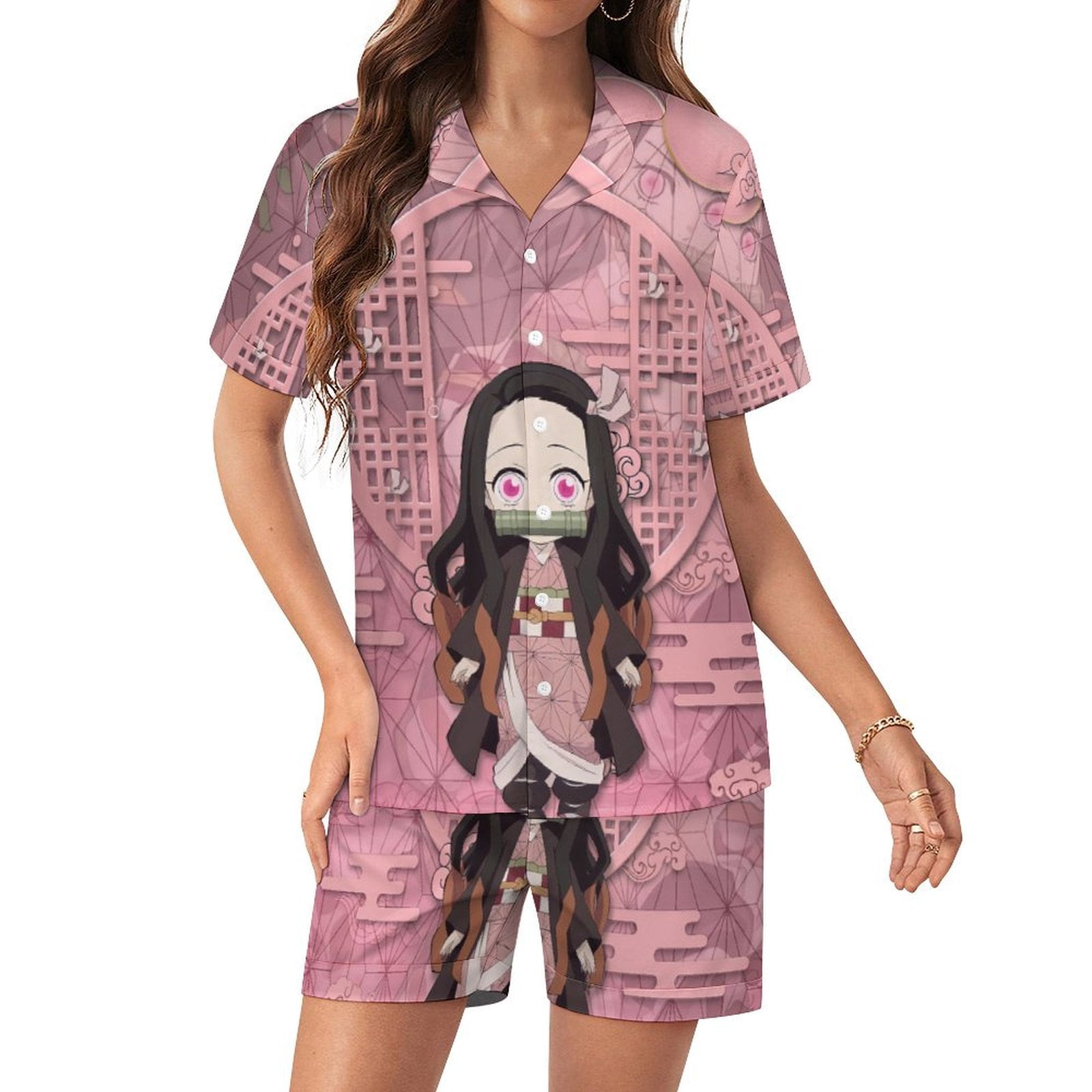 Demon Slayer Nezuko Women Pajamas Set Short Sleeve Sleepwear Button ...