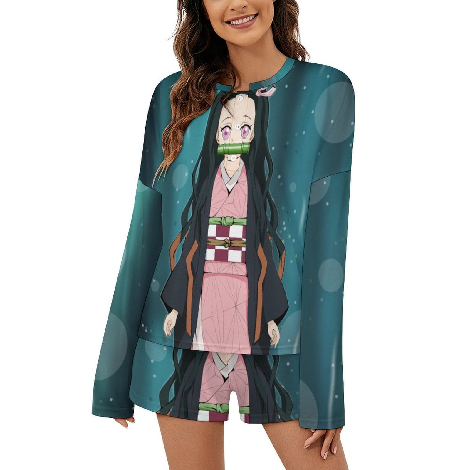 Demon Slayer Nezuko Womens Button Down Pajamas Set Long Sleeve ...