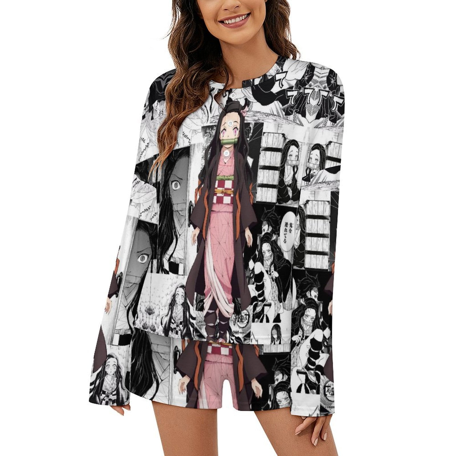 Demon Slayer Nezuko Womens Button Down Pajamas Set Long Sleeve ...