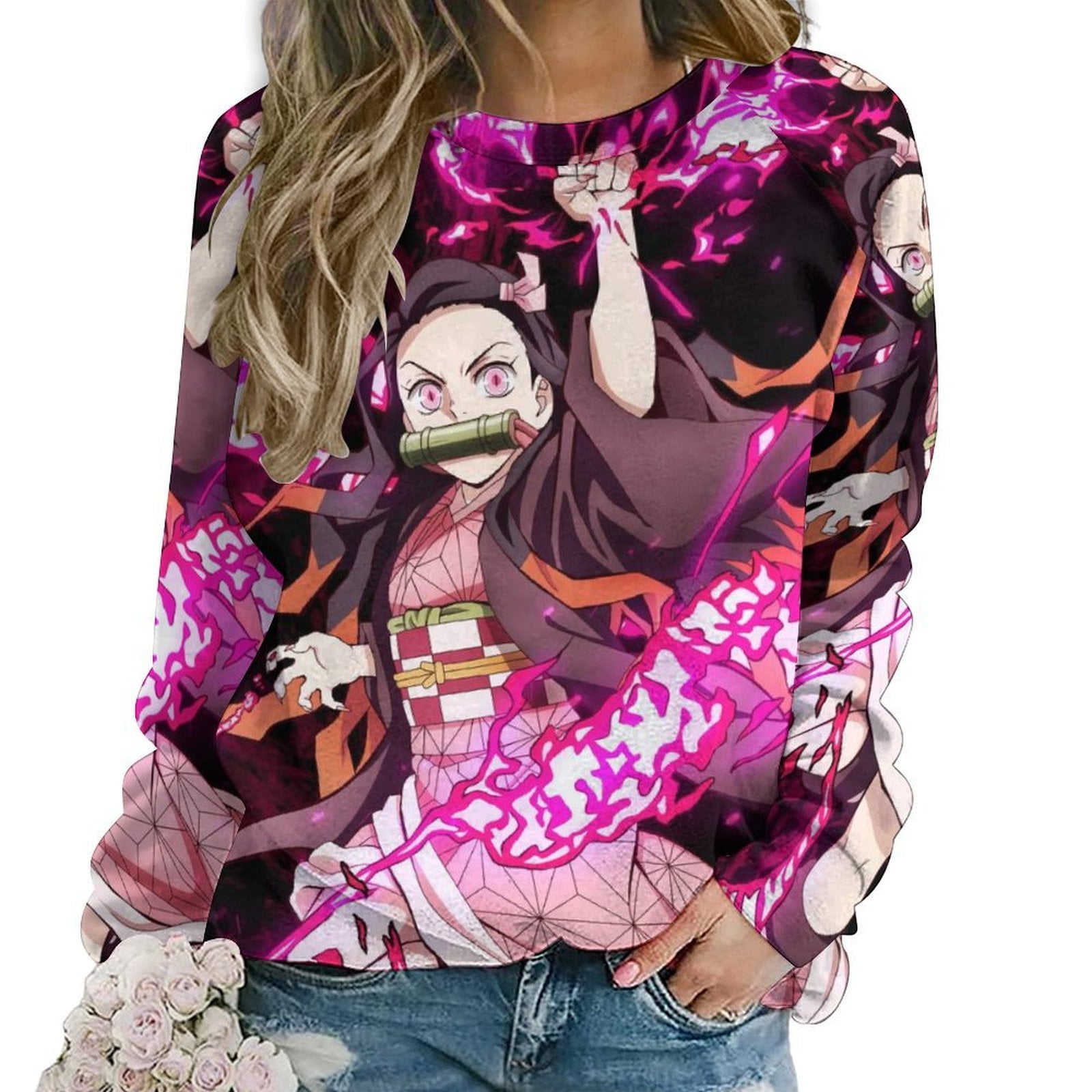 Demon Slayer Nezuko Womens Sweatshirts Fashion Raglan Round Neck ...