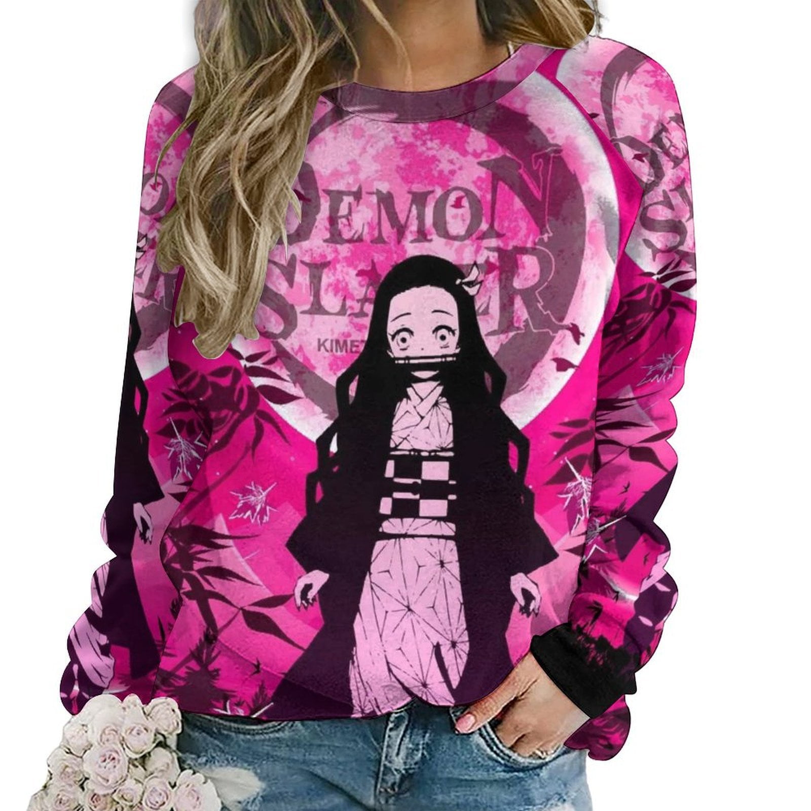 Demon Slayer Nezuko Womens Sweatshirts Fashion Raglan Round Neck ...
