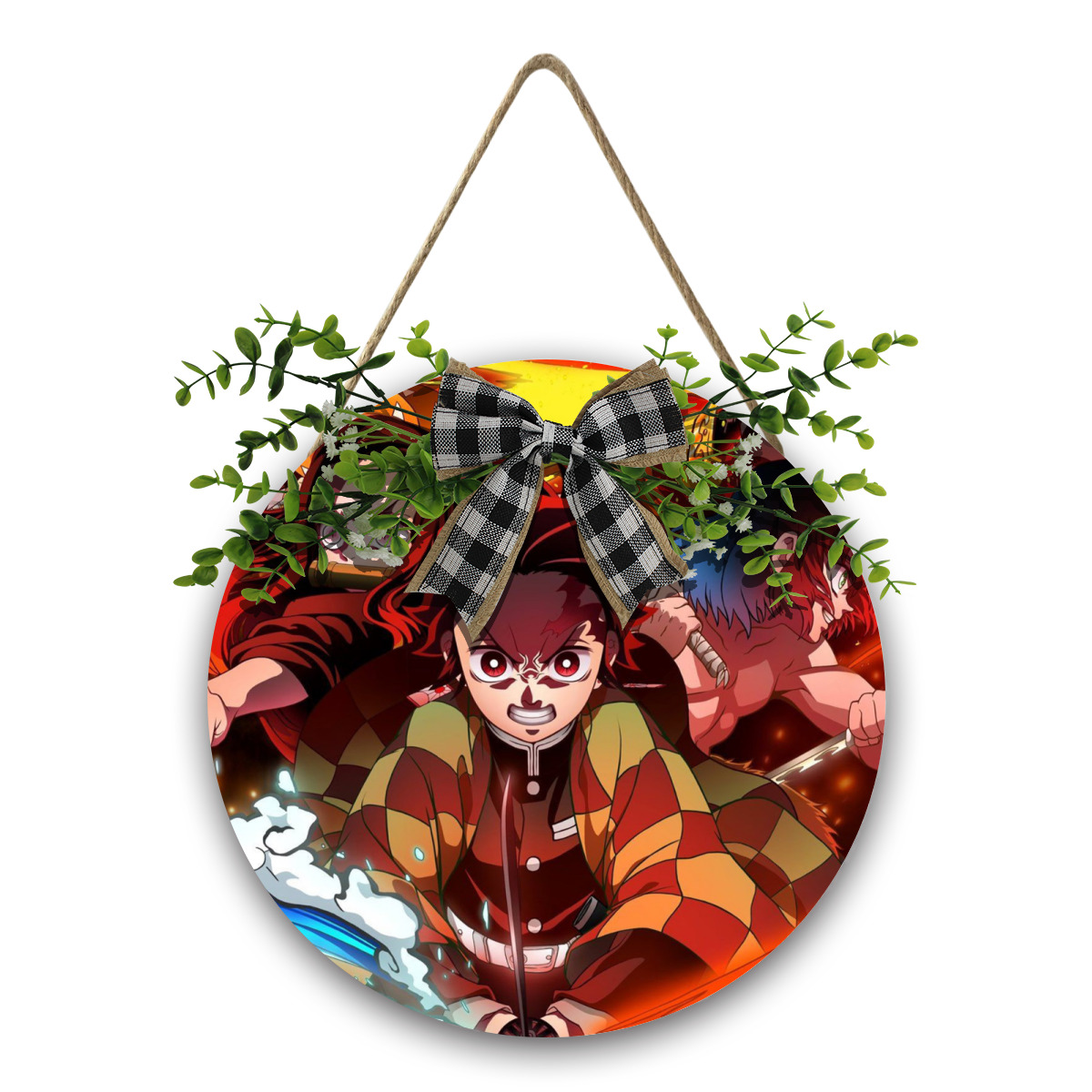 Demon Slayer Round wooden hanging board with decorative flowers and ...