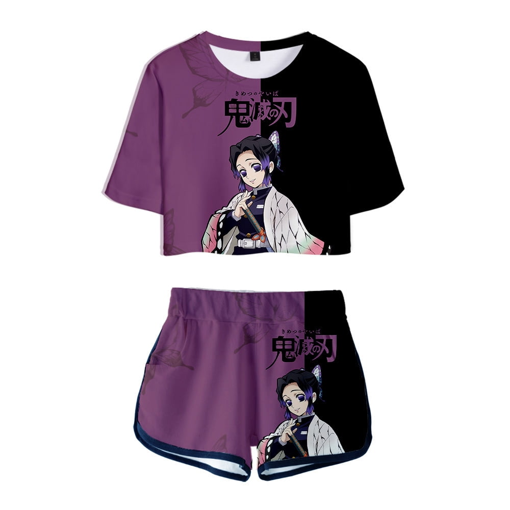 Demon Slayer Short Sleeve Suit,Women Summer Crop Top Shorts 2PCS Sets ...