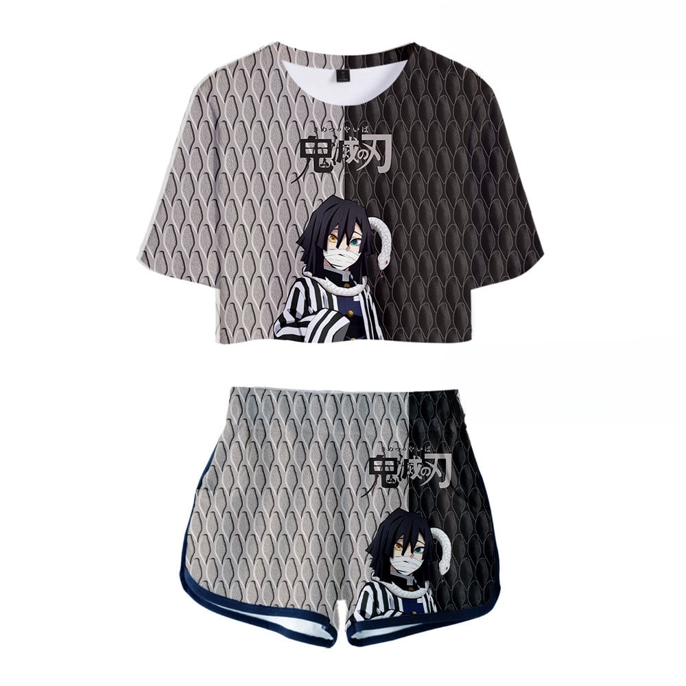Demon Slayer Short Sleeve Suit,Women Summer Crop Top Shorts 2PCS Sets ...