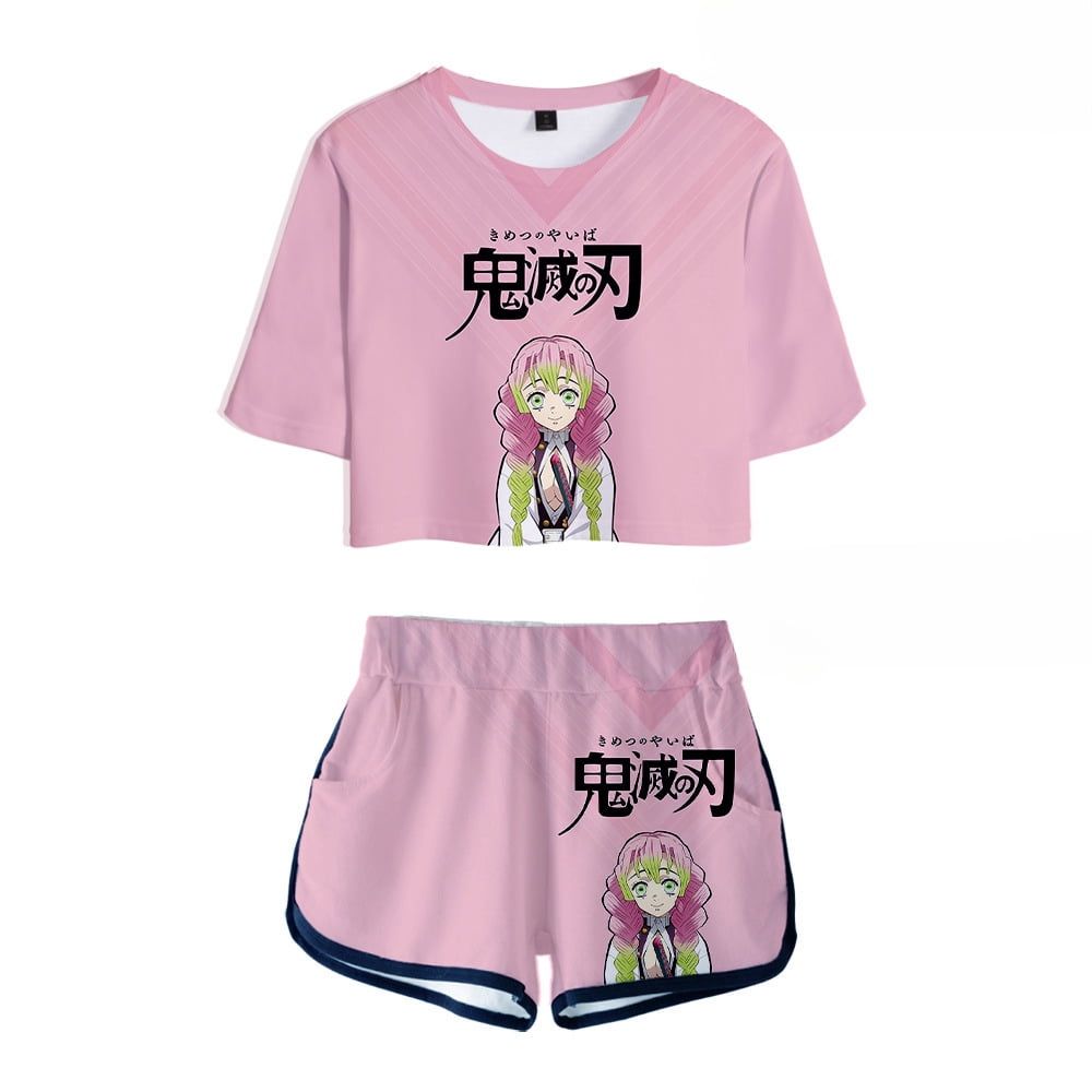 Demon Slayer Short Sleeve Suit,Women Summer Crop Top Shorts 2PCS Sets ...
